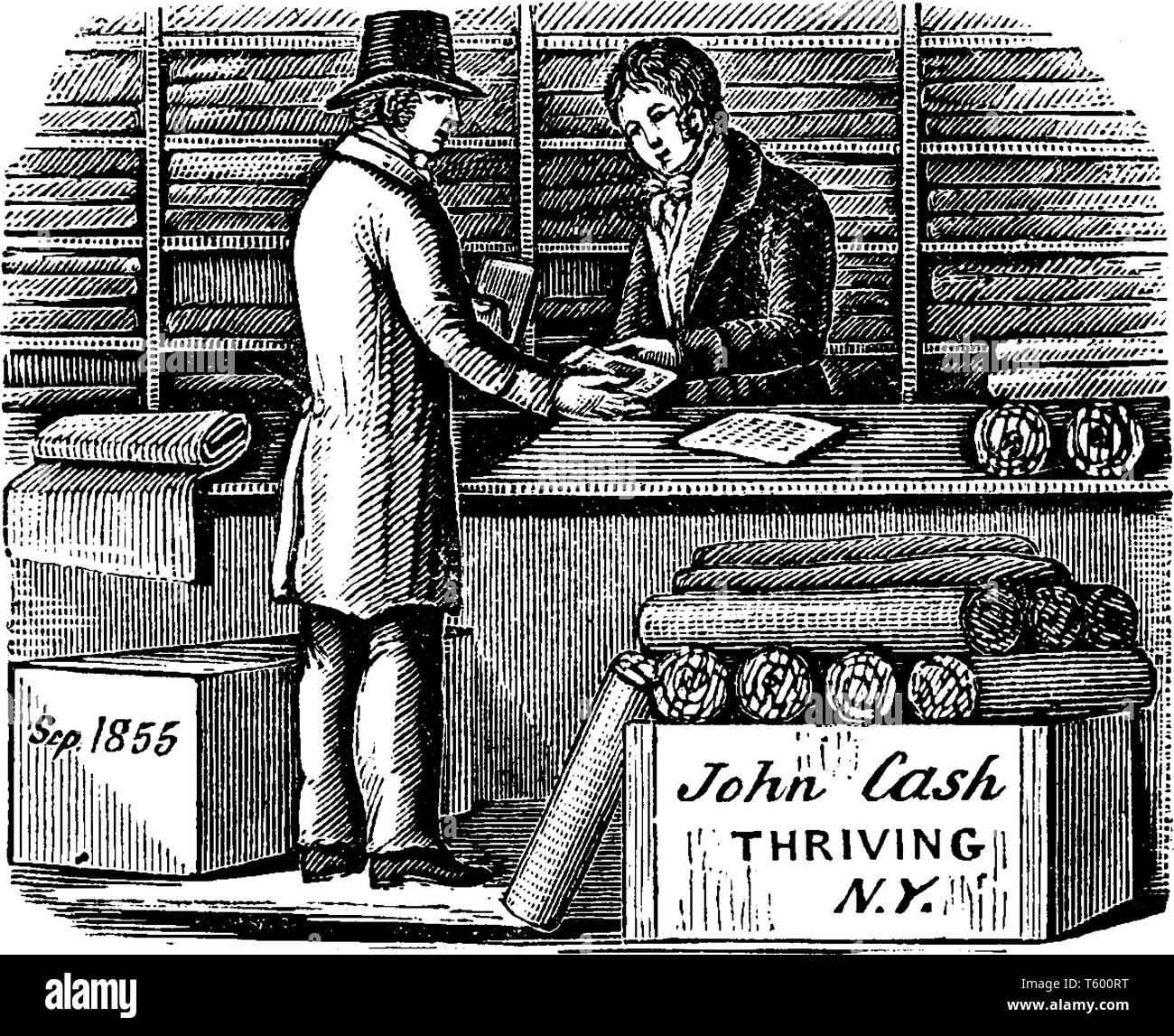 Two men talking and one of them selling his goods, vintage line drawing ...