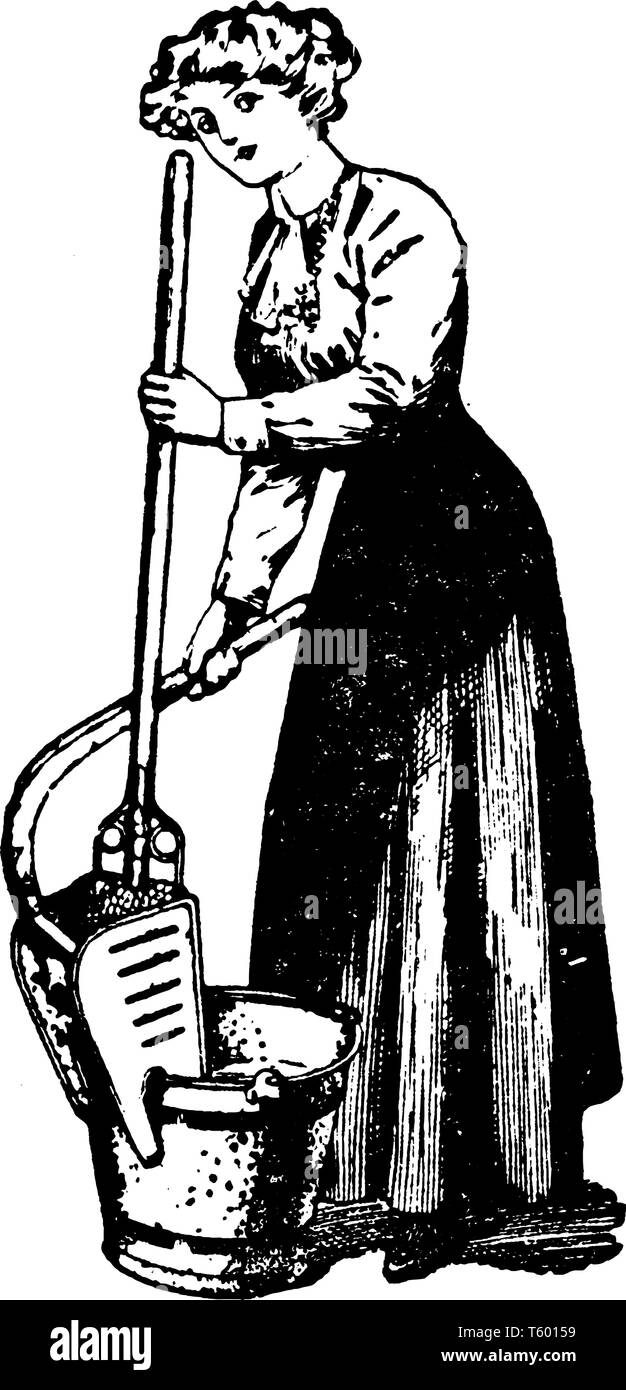 A woman with self-wringing mop, vintage line drawing or engraving ...