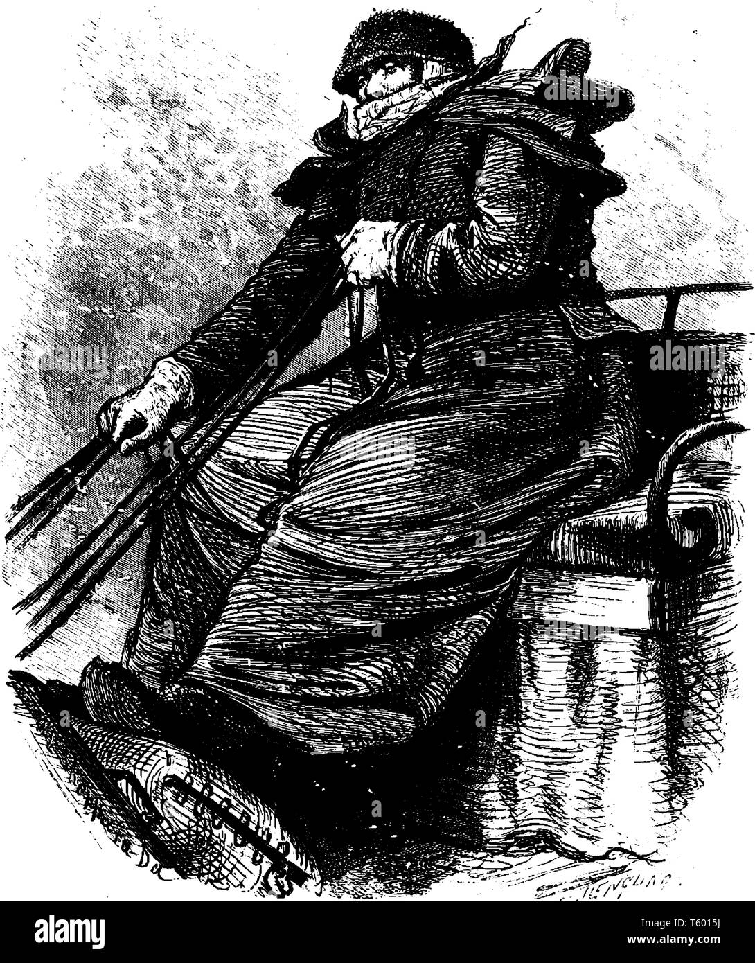 A man driving a stage coach during a snow storm, vintage line drawing ...