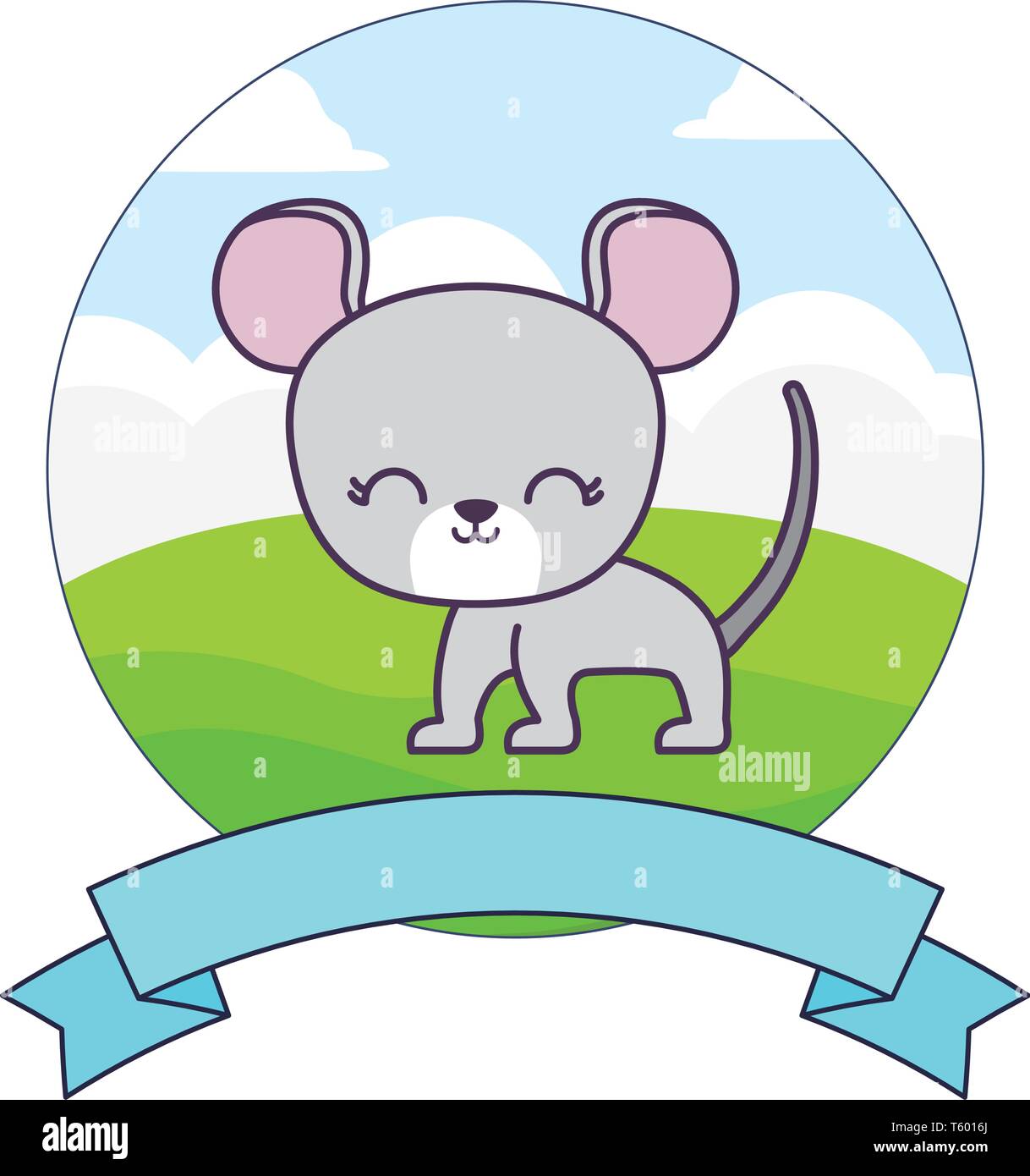 cute mouse in landscape with frame and ribbon vector illustration ...