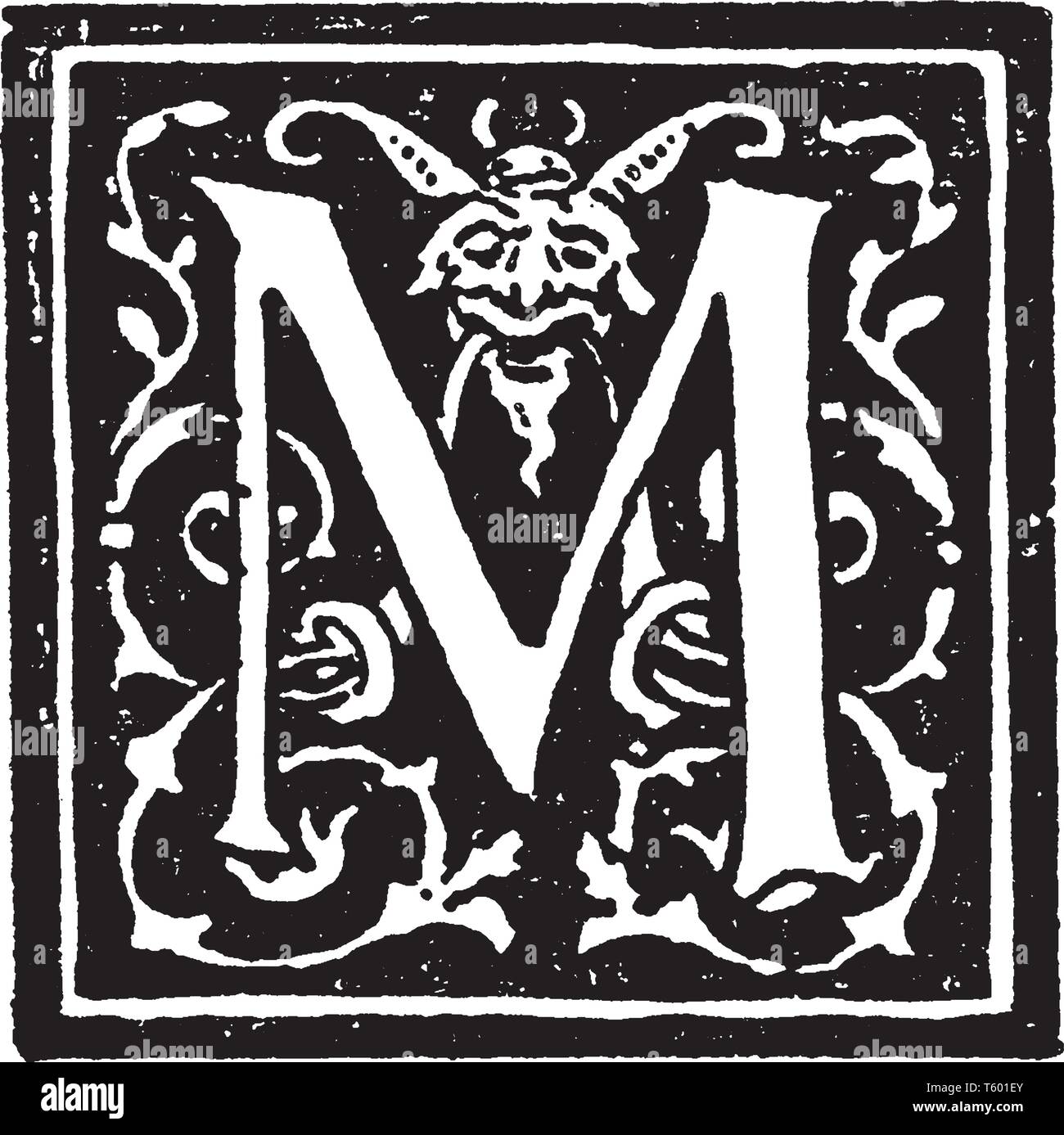 An ornamental capital letter M with face of person, vintage line ...