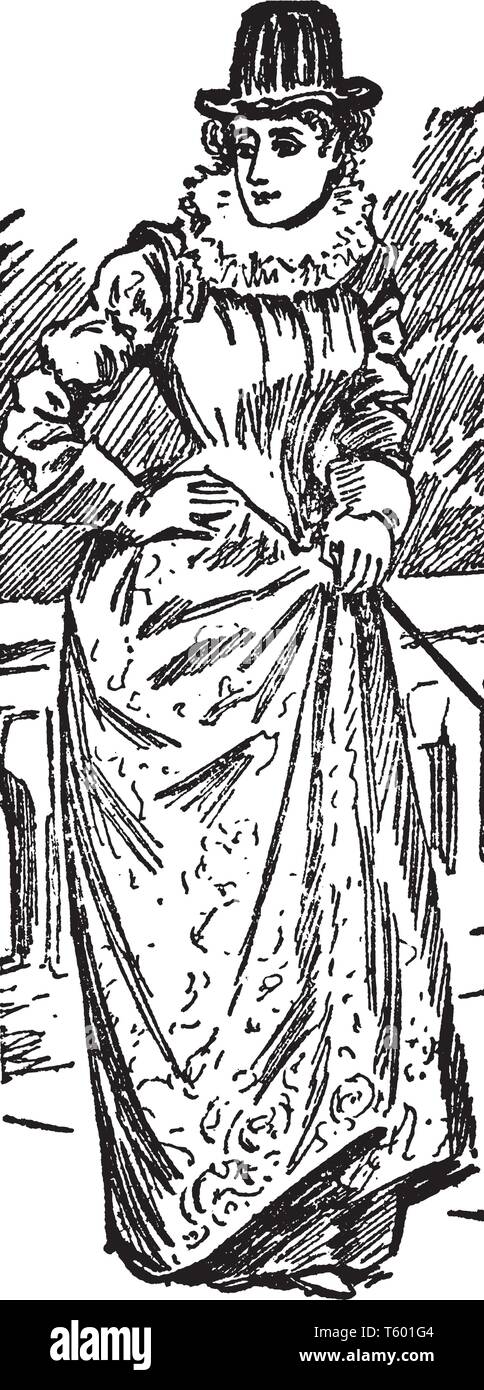 A lady wearing old-fashioned dress and hat, vintage line drawing or ...