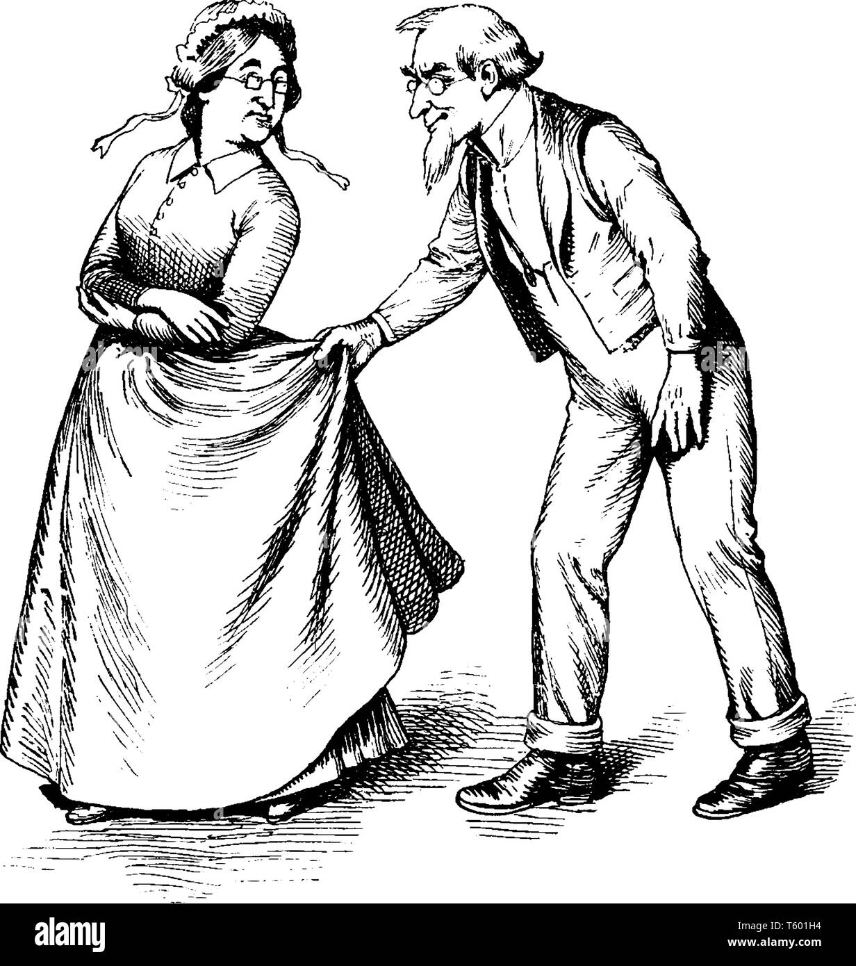 A man tugging on a woman's skirt., vintage line drawing or engraving ...