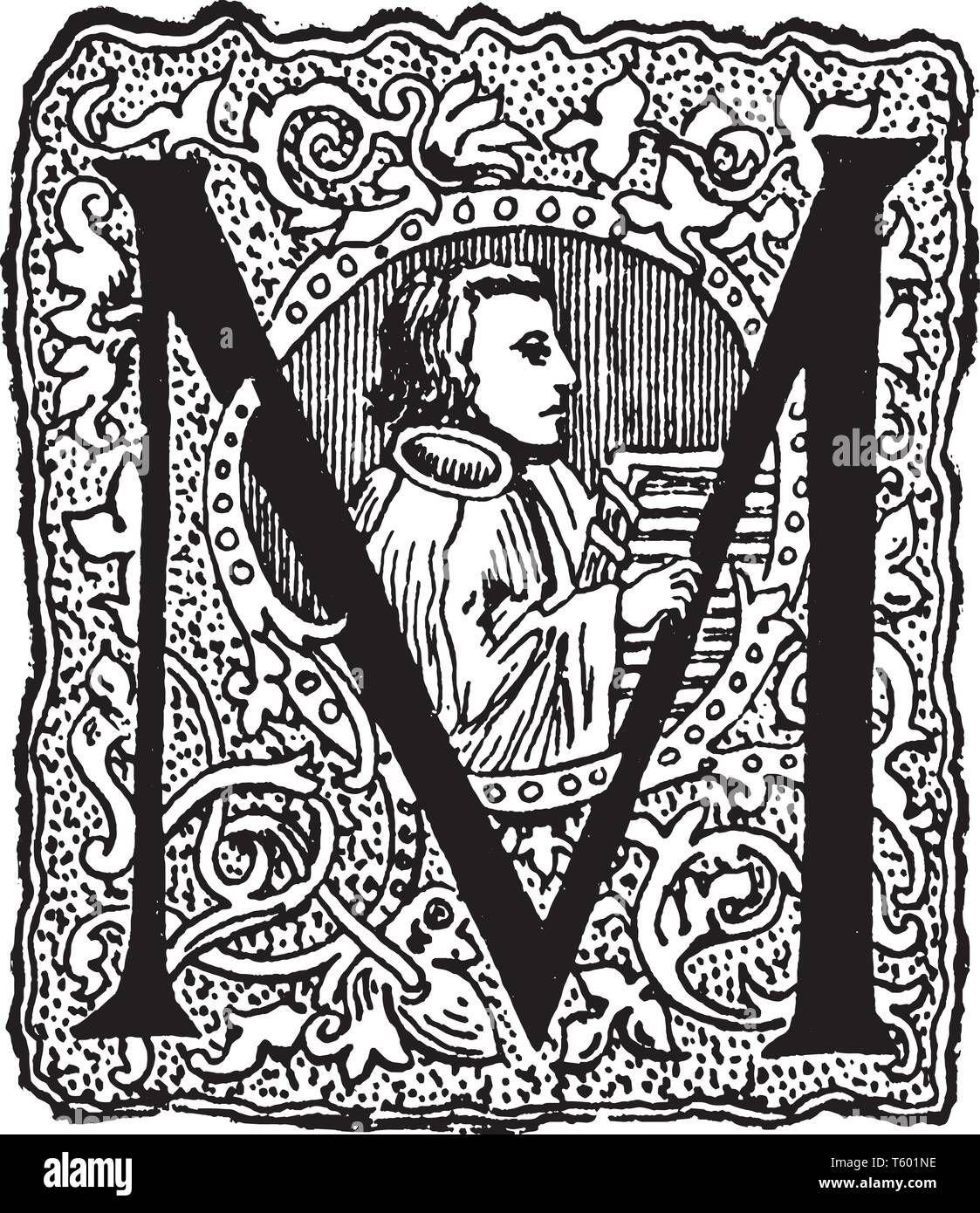 An ornamental capital letter M, vintage line drawing or engraving ...