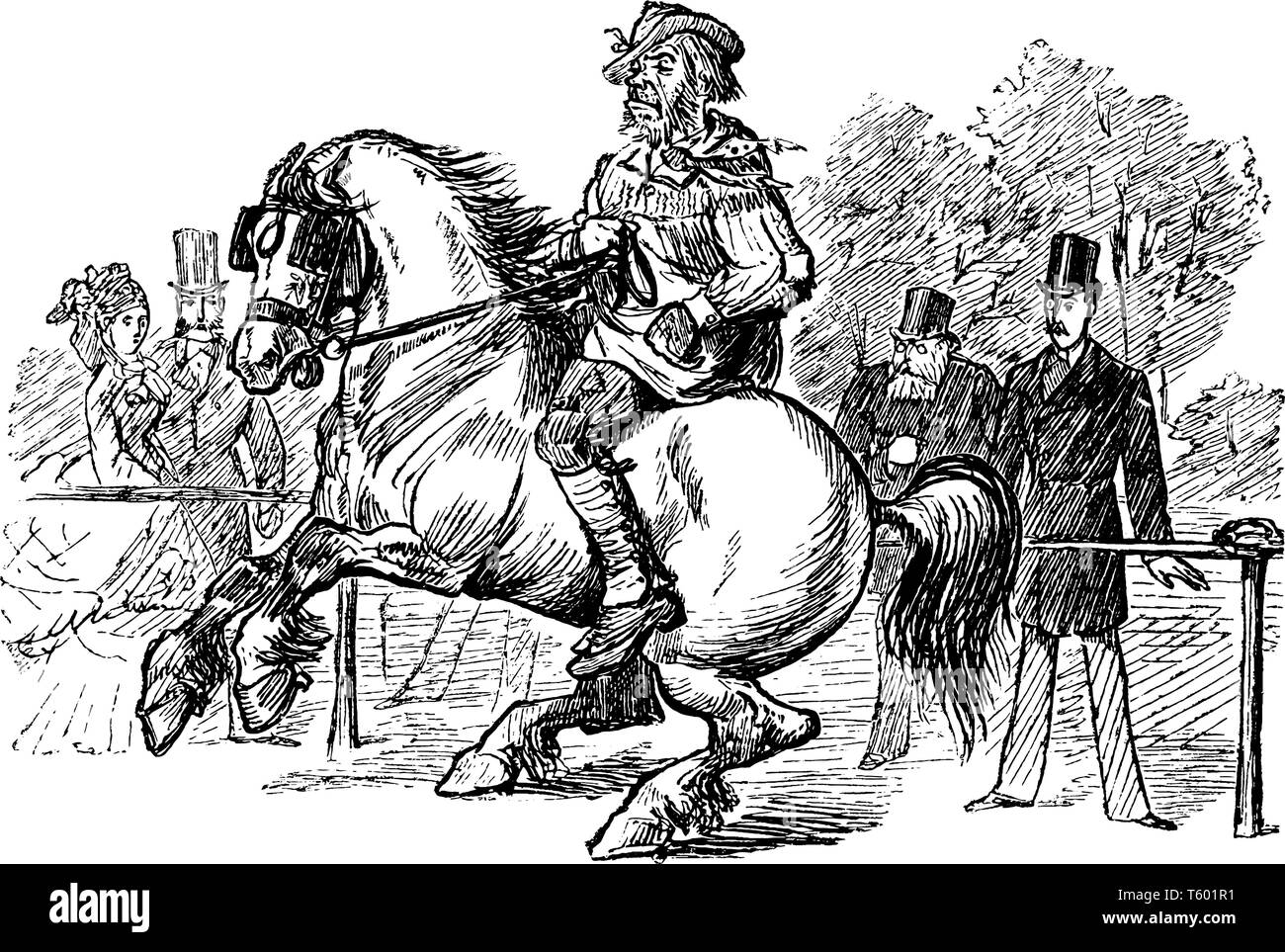 A man riding on horse and other two men looking at him, vintage line ...