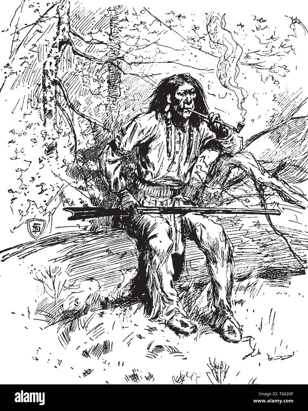 A warrior with gun from the Apache tribe, vintage line drawing or ...