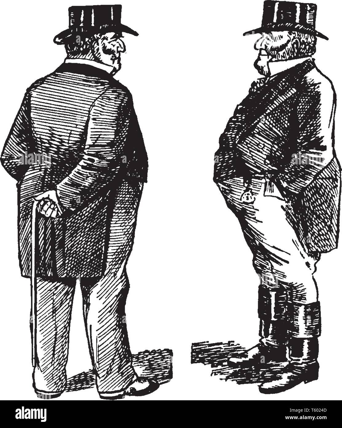 Two men standing nearby and looking at each other, vintage line drawing ... Two men standing nearby and looking at each other, vintage line drawing ...