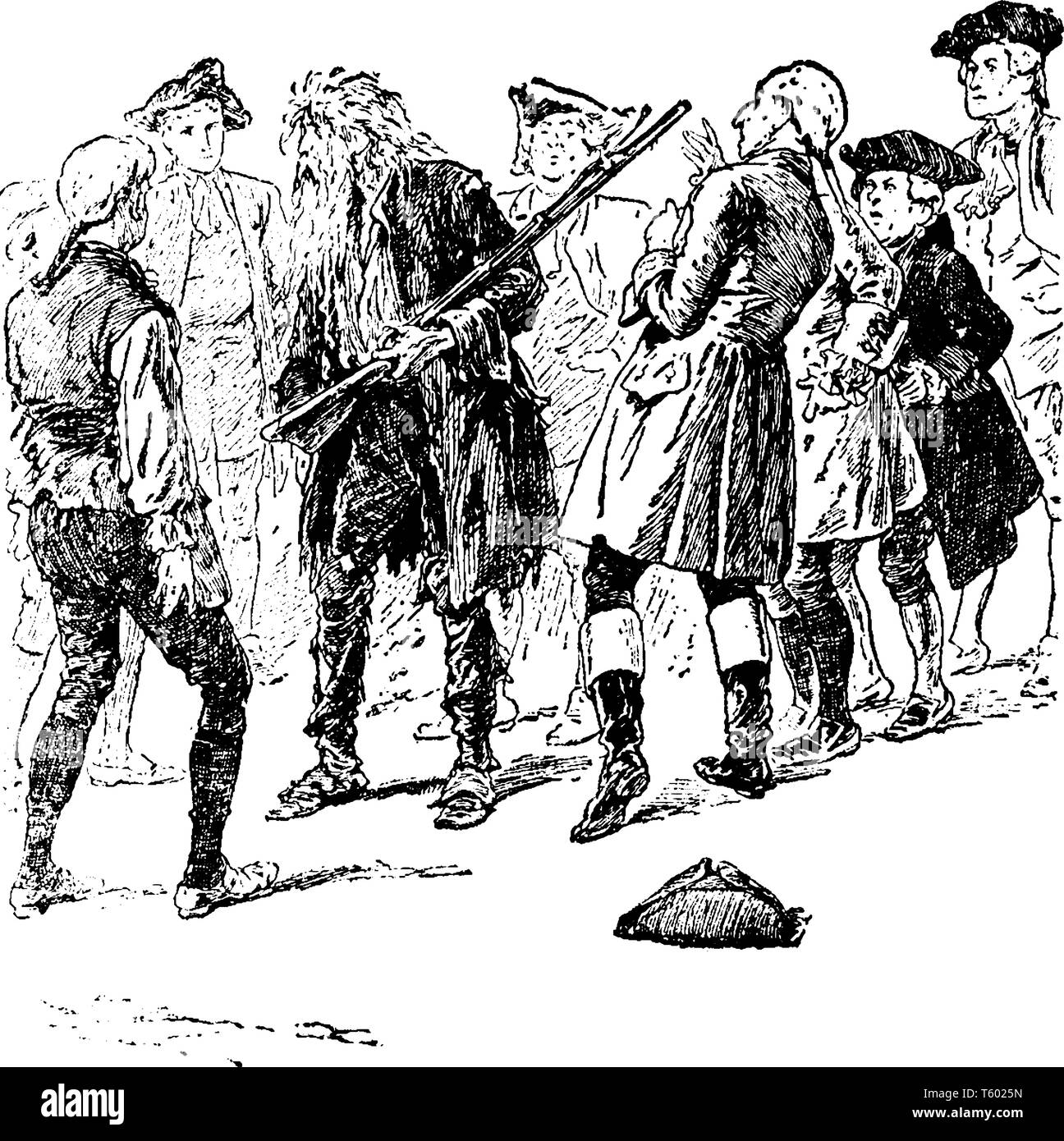 Crowd of men standing and one of them holding gun, vintage line drawing ...