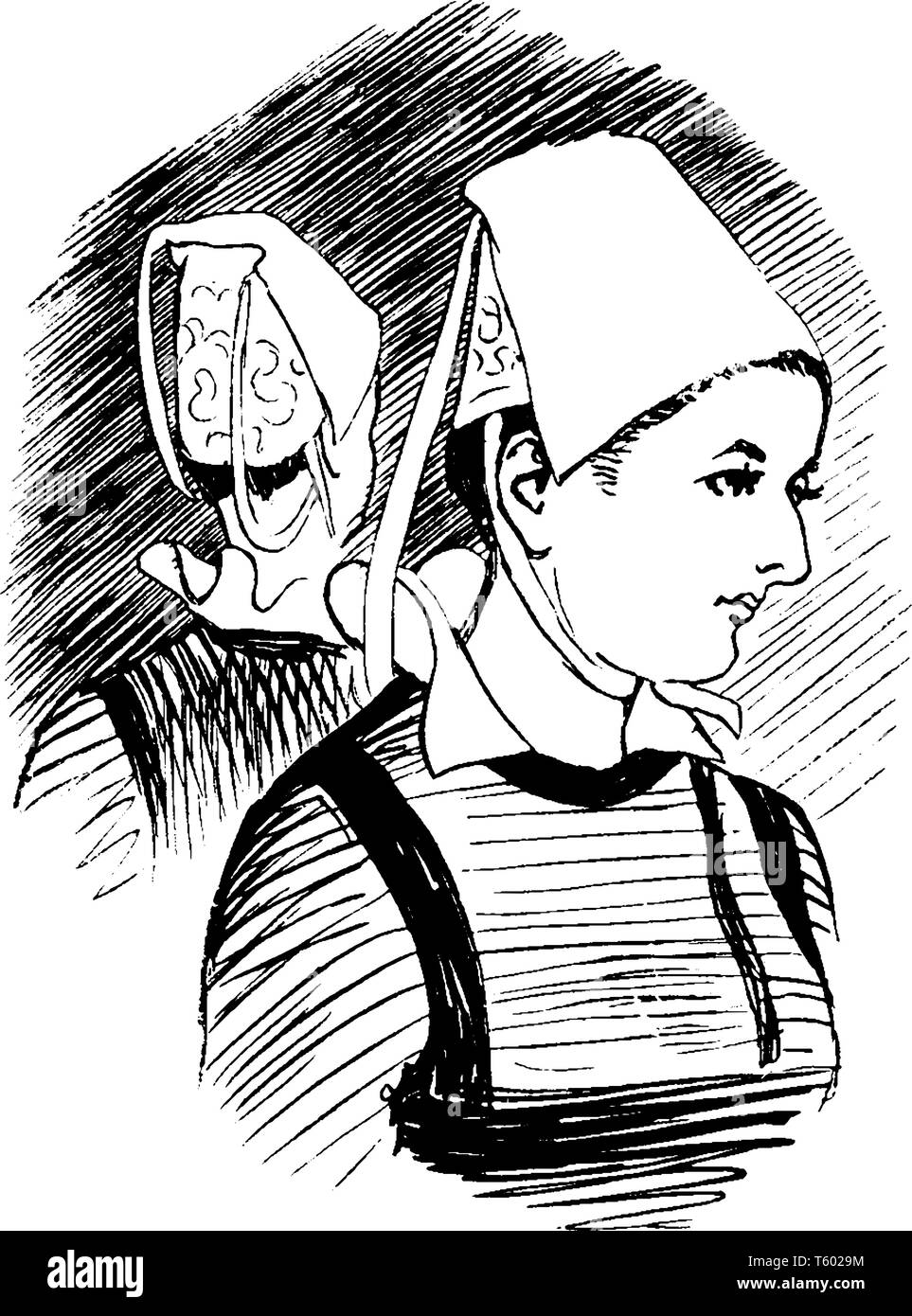 A woman wearing a bonnet, vintage line drawing or engraving ...