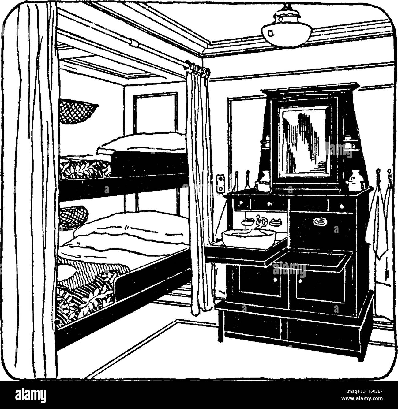 This image represents Stateroom with Bunk Beds, vintage line drawing or ...