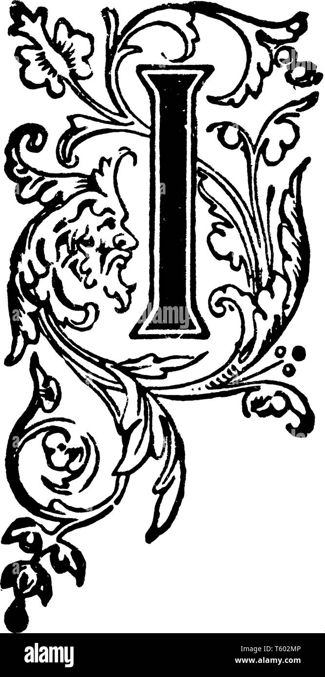 A decorative capital letter I with floral embellishment, vintage line ...