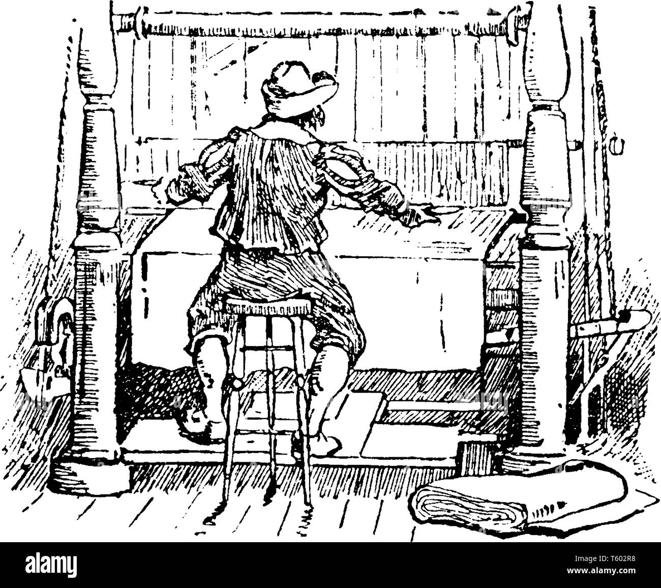 A man with loom, vintage line drawing or engraving illustration Stock ...