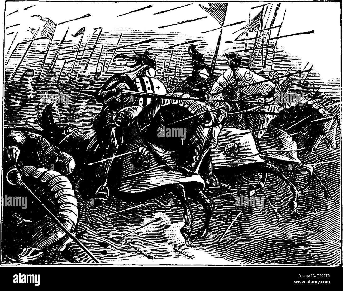 Group of knights charging on horseback with lances, vintage line ...