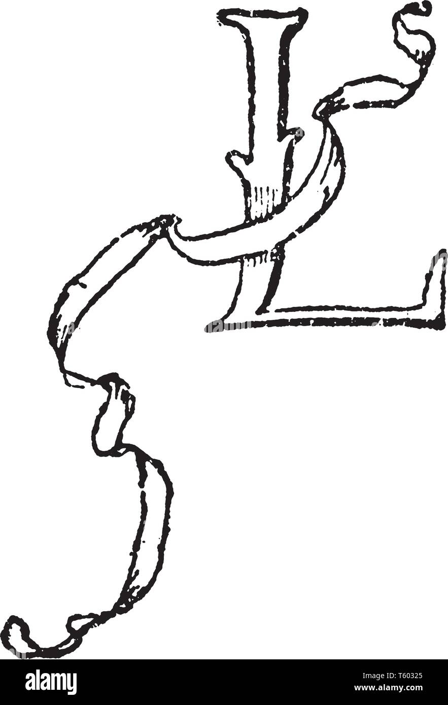 a capital letter L with ribbon, vintage line drawing or engraving ...