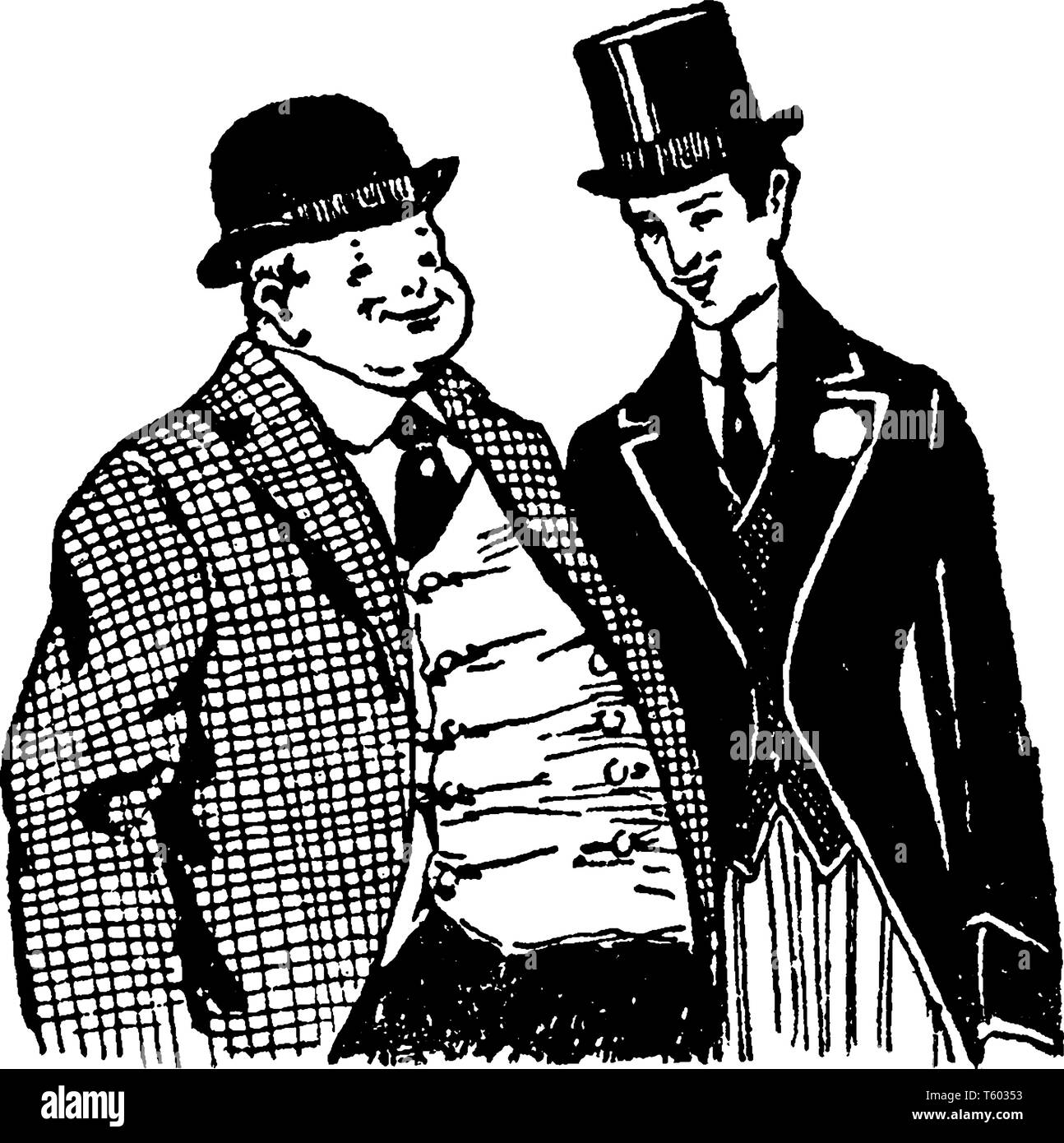 Two men with hats talking, vintage line drawing or engraving ...