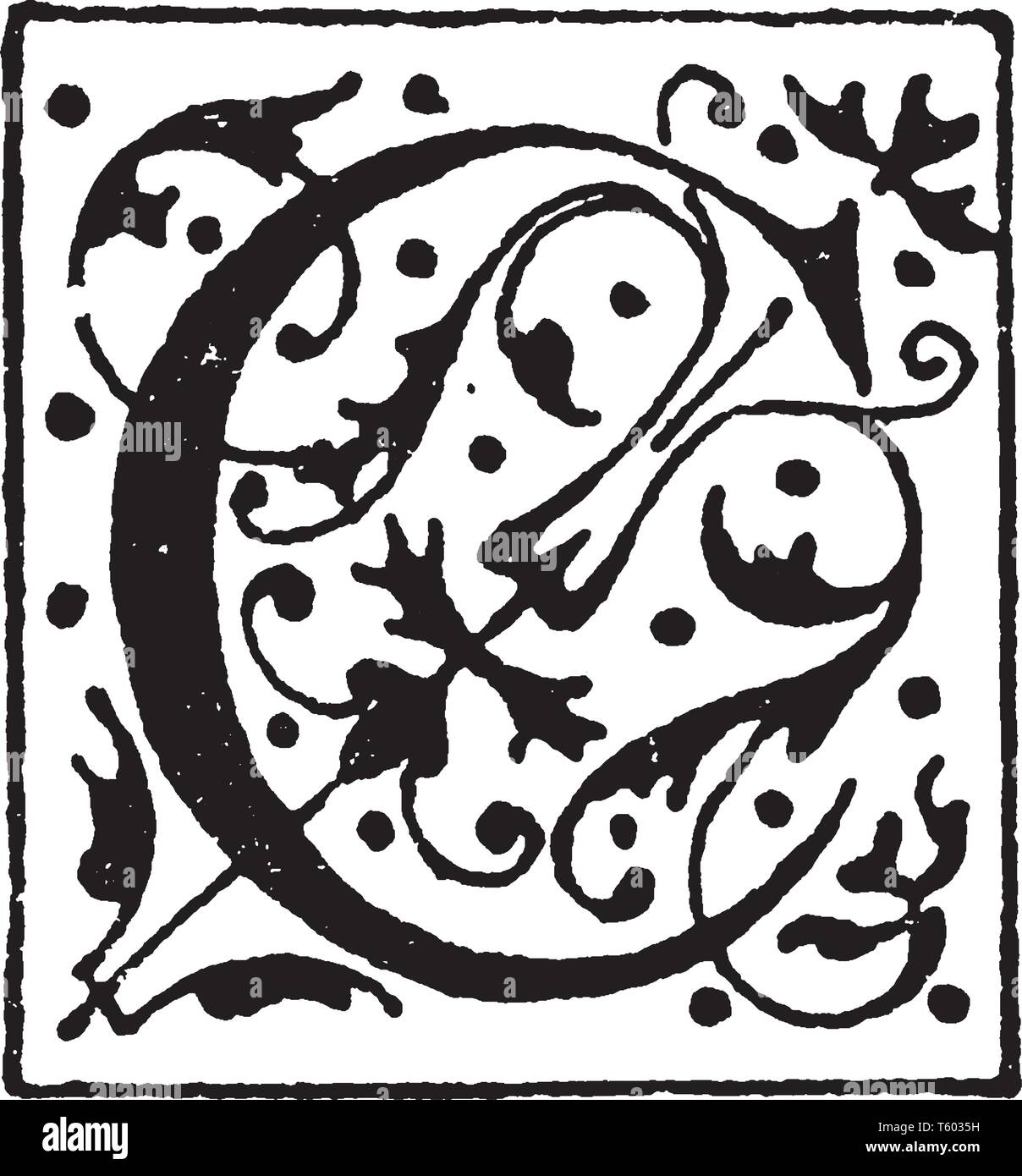 An ornamental and decorative capital letter C, vintage line drawing or ...