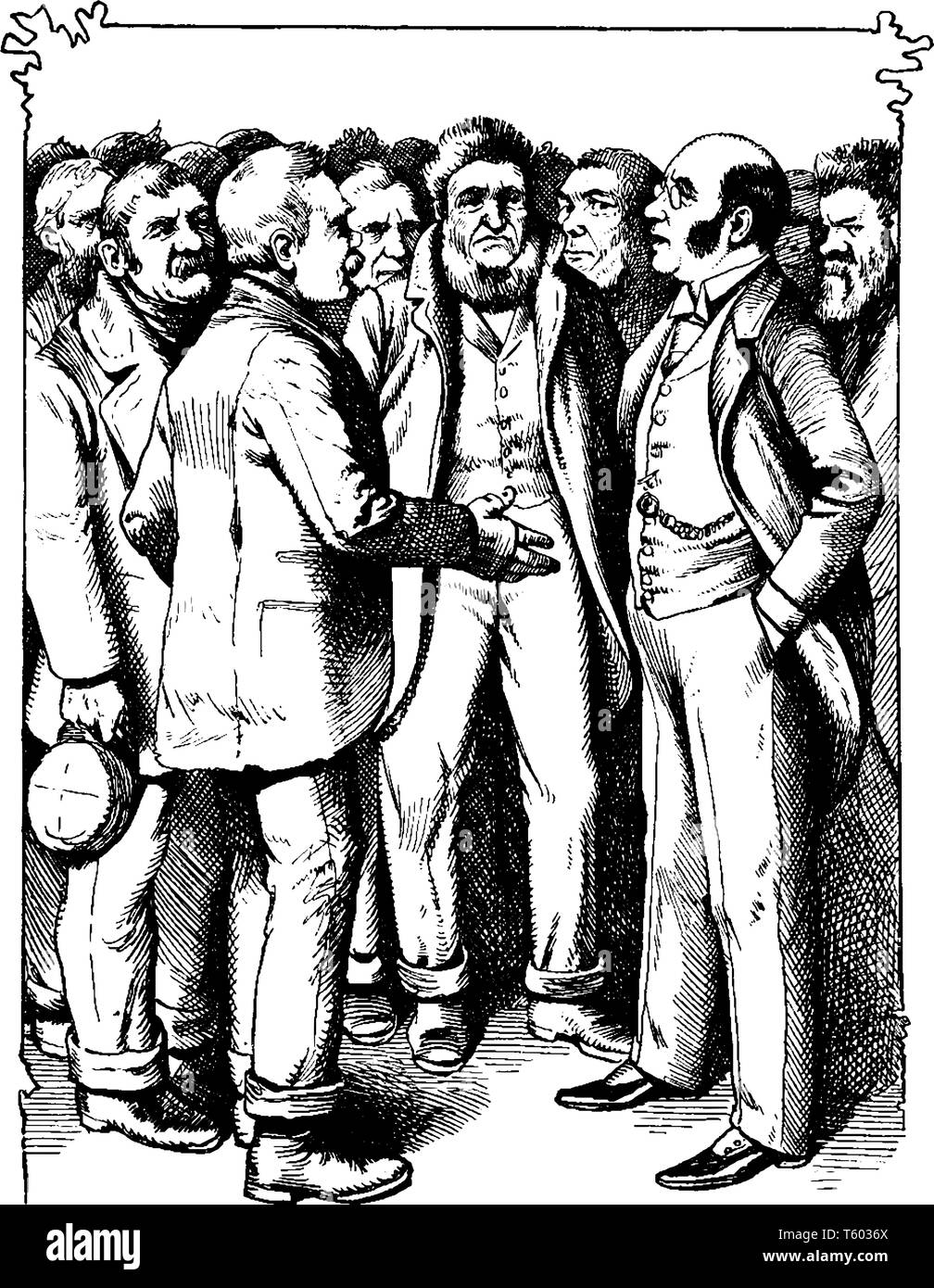 A man talking to group of men, vintage line drawing or engraving ...
