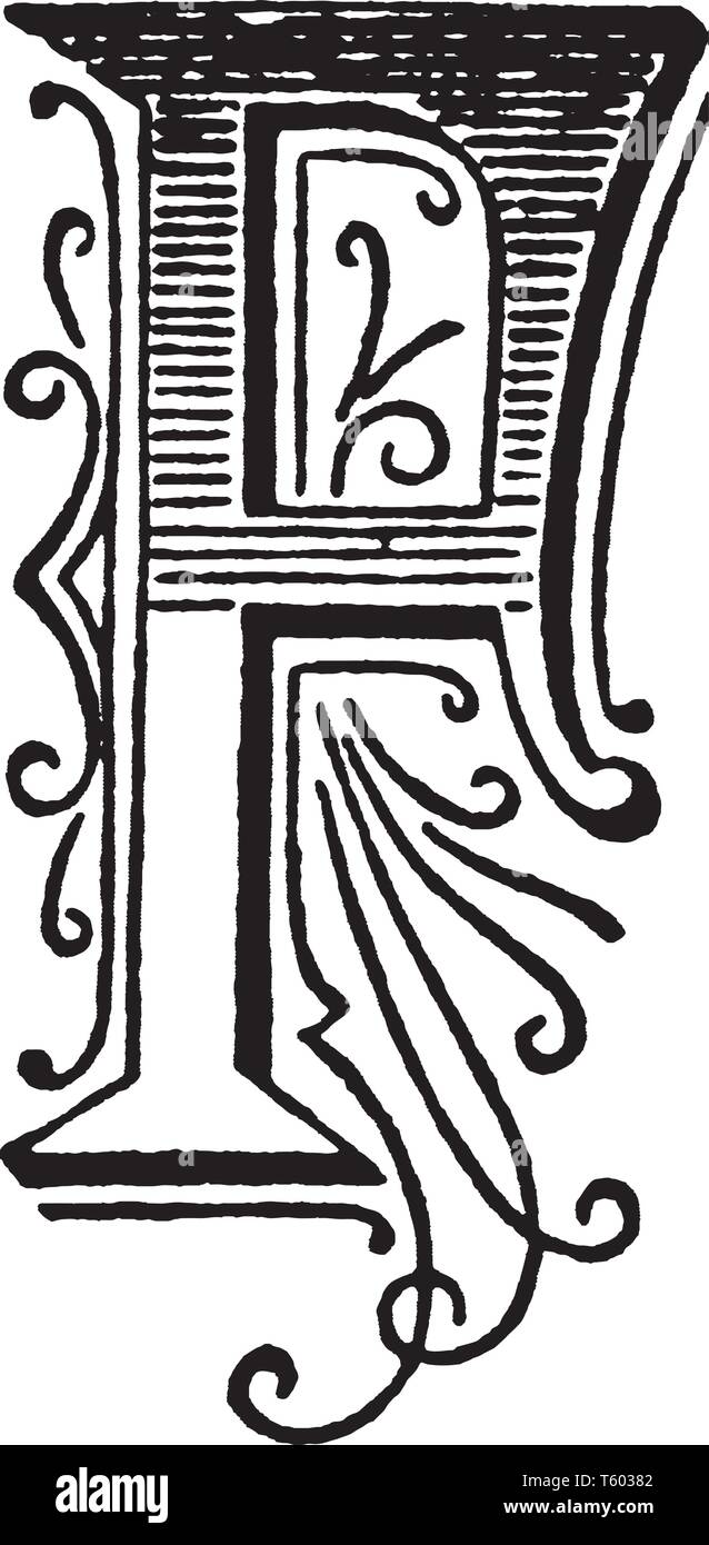 An ornamental and decorative capital letter F, vintage line drawing or ...
