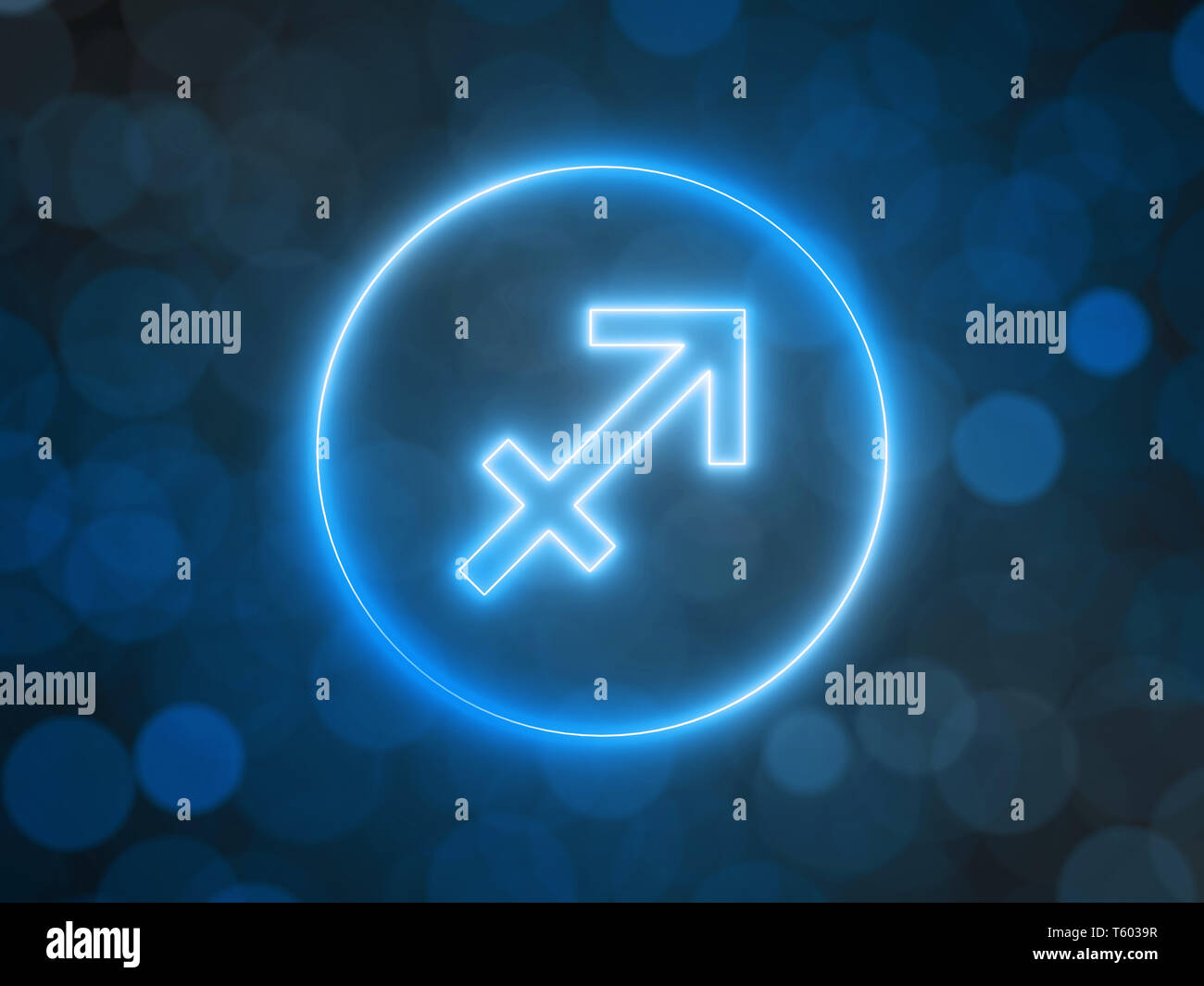 glowing neon sign of Sagittarius with blurred bokeh background. 3d ...