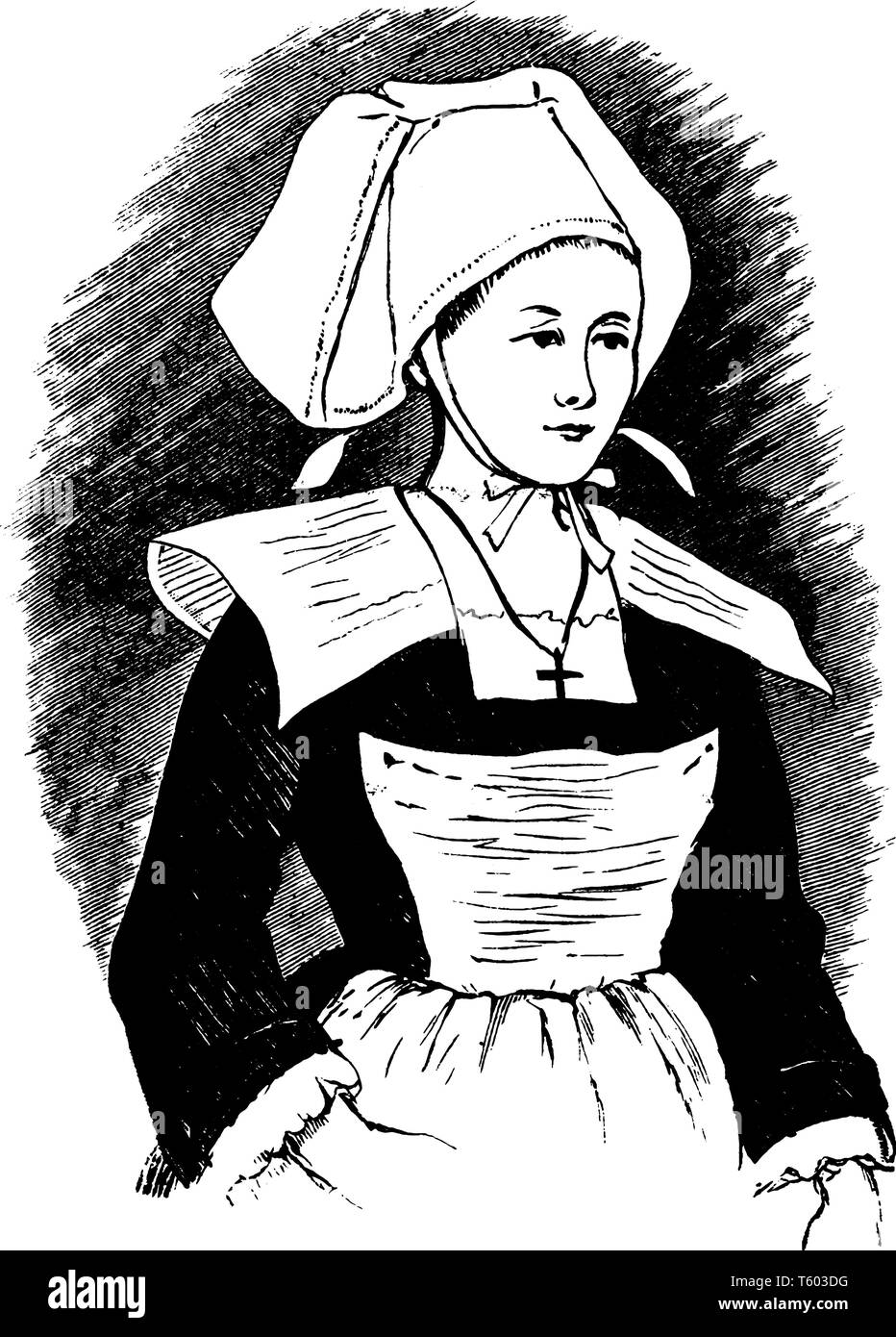 A woman wearing a bonnet, vintage line drawing or engraving ...