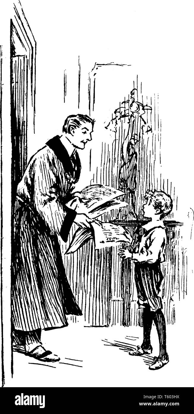 A man giving paper to boy, vintage line drawing or engraving ...