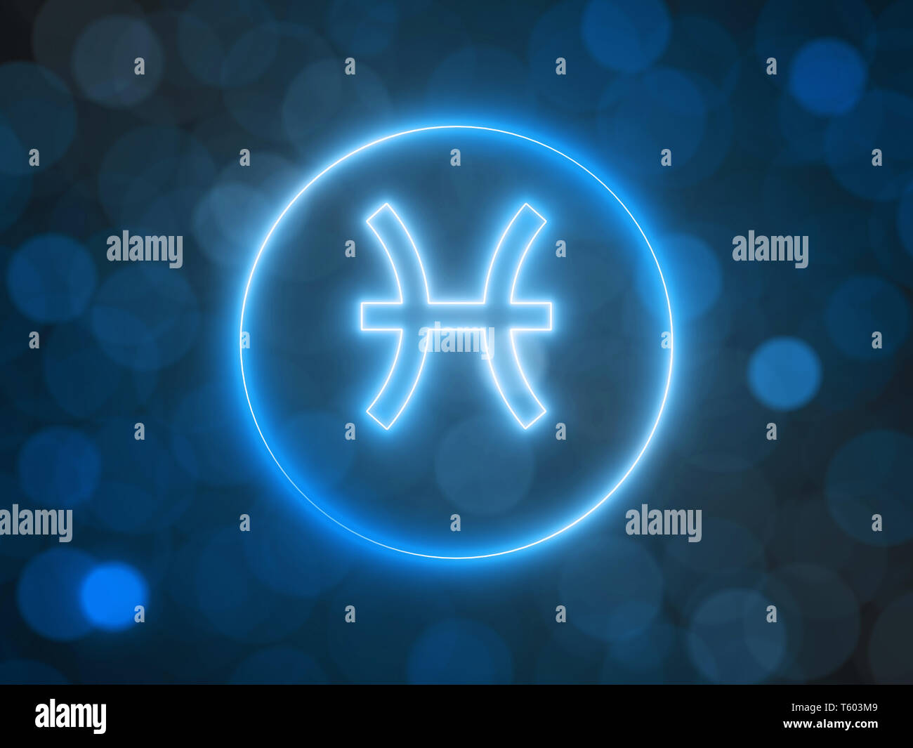 glowing neon sign of Pisces with blurred bokeh background. 3d ...