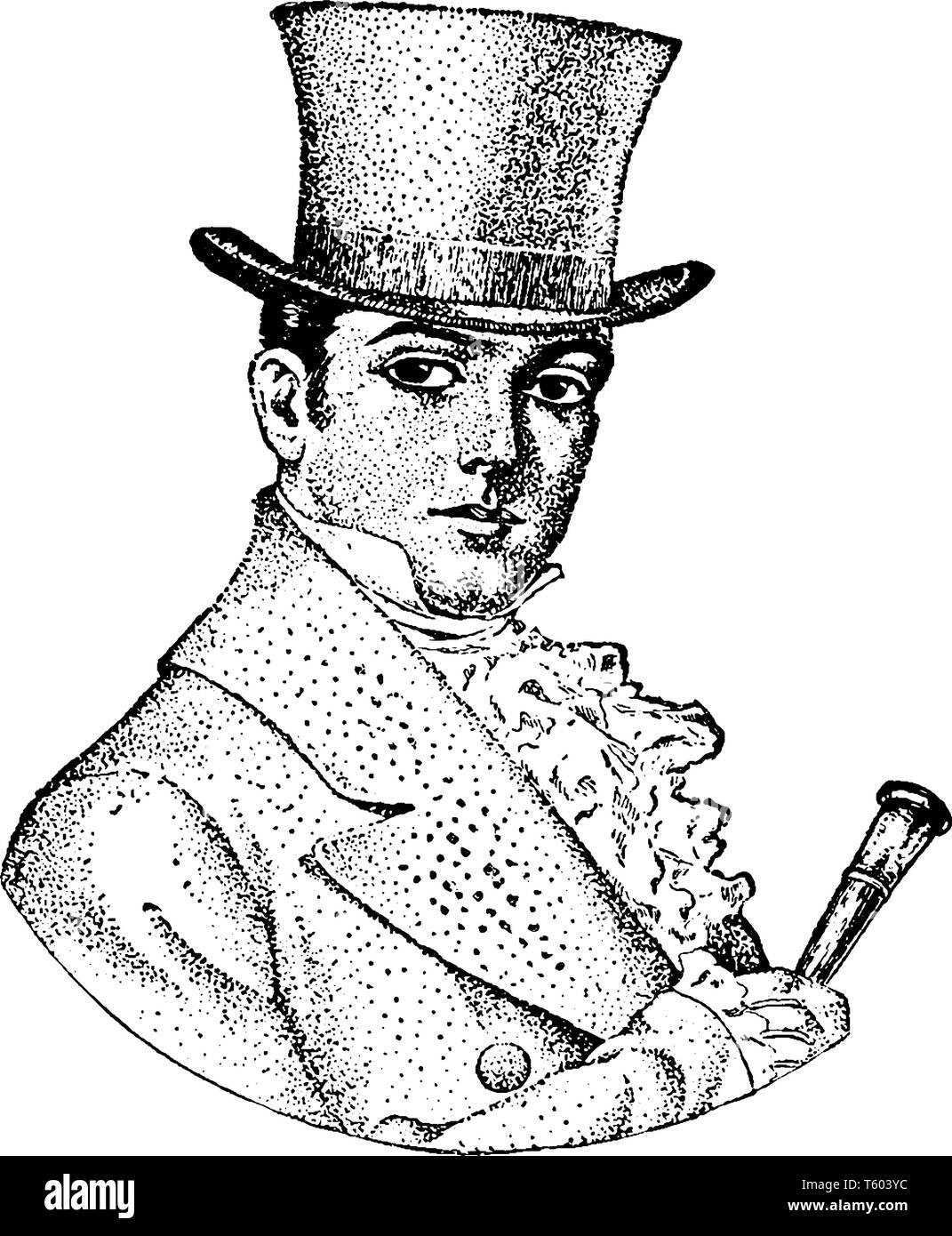 A man wearing hat and a ruffled shirt and posing, vintage line drawing ...