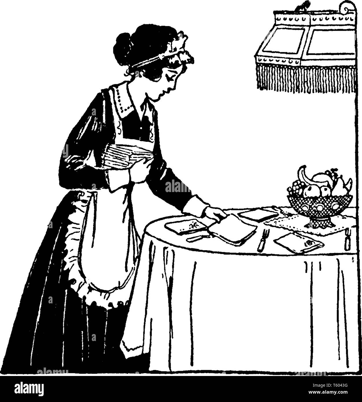 A maid setting the table, vintage line drawing or engraving ...