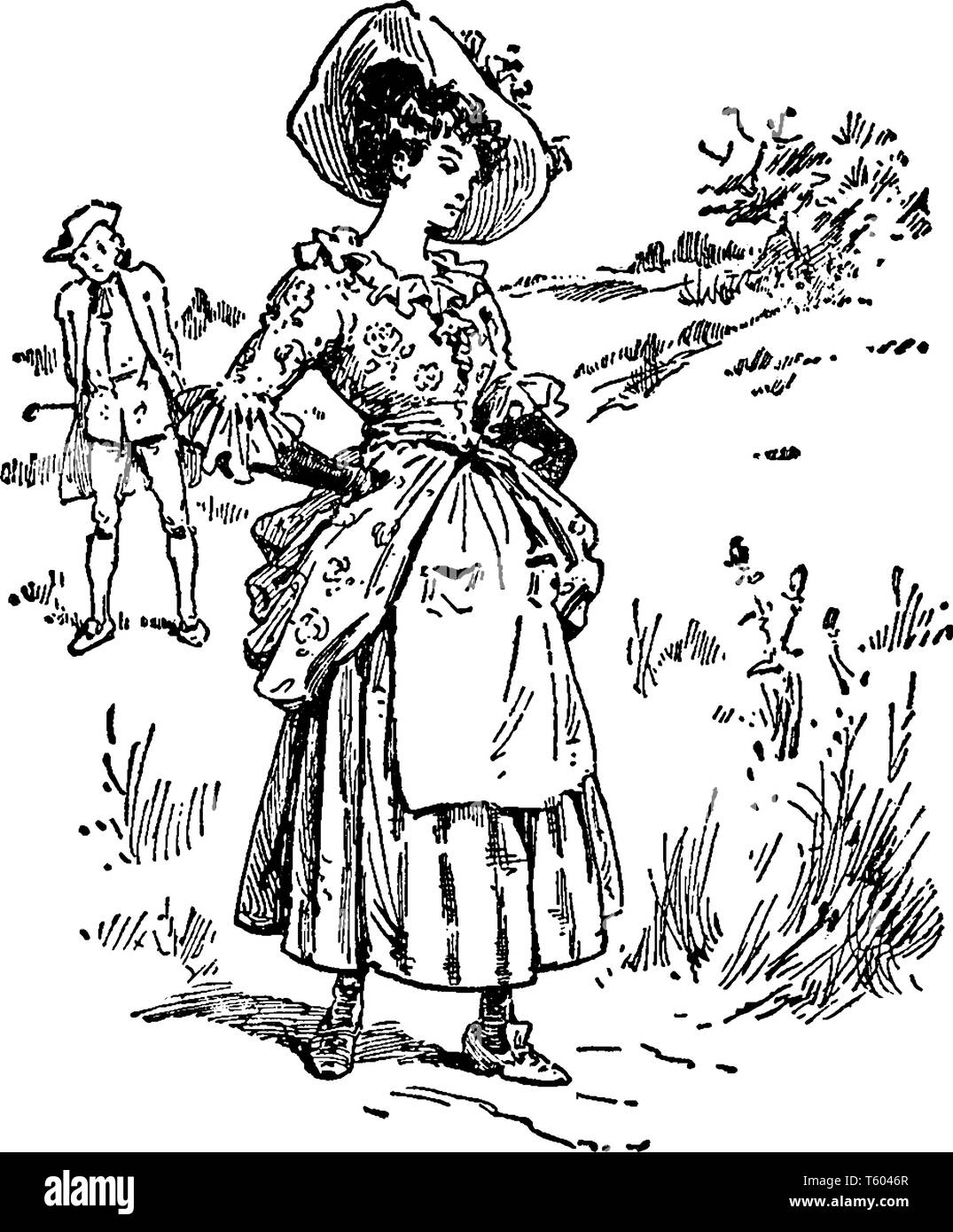 A man watching woman walking on road, vintage line drawing or engraving ...