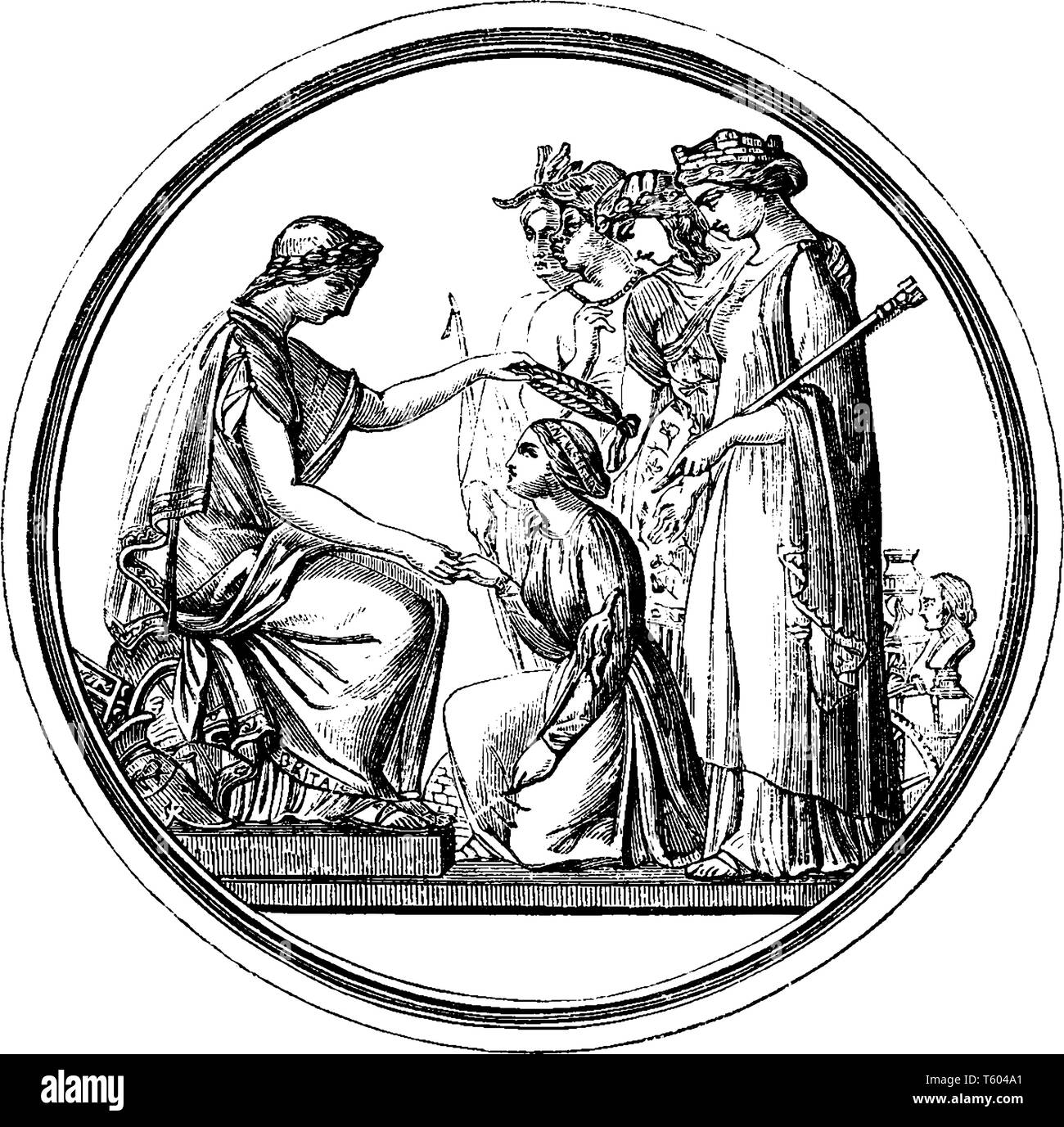 Britannia Crowning a Woman stand behind the kneeling woman, vintage ...