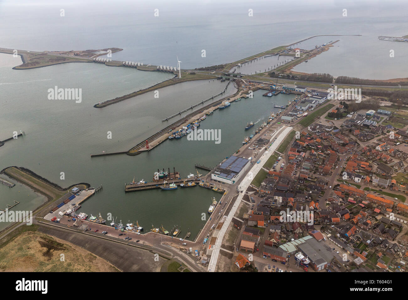 Aerial view Dutch harbor Den Oever with afsluitdijk with sluices Stock ...