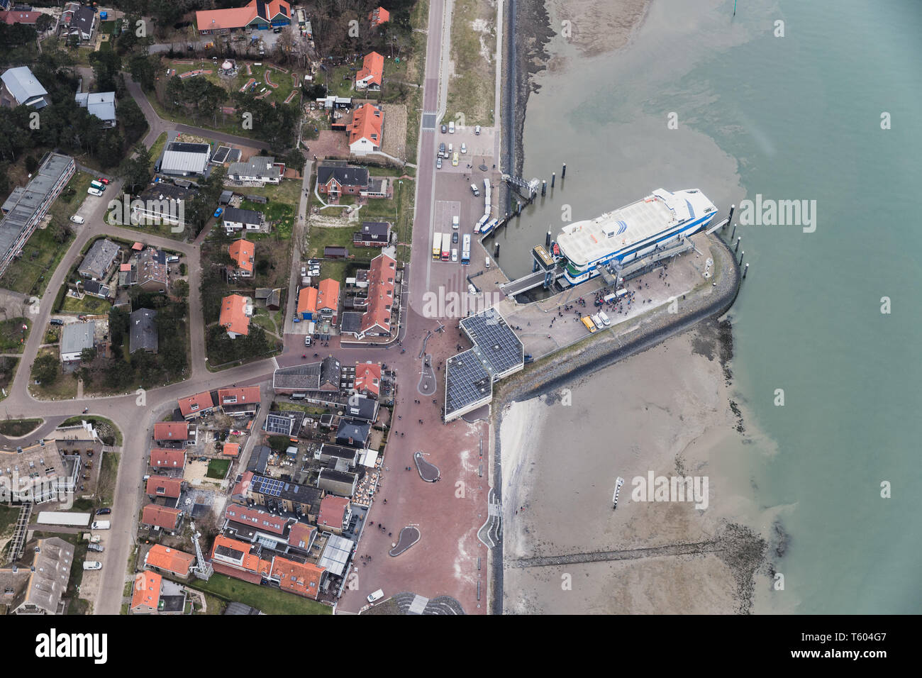 Aerial view Dutch island Vlieland with pier and ferry terminal Stock ...