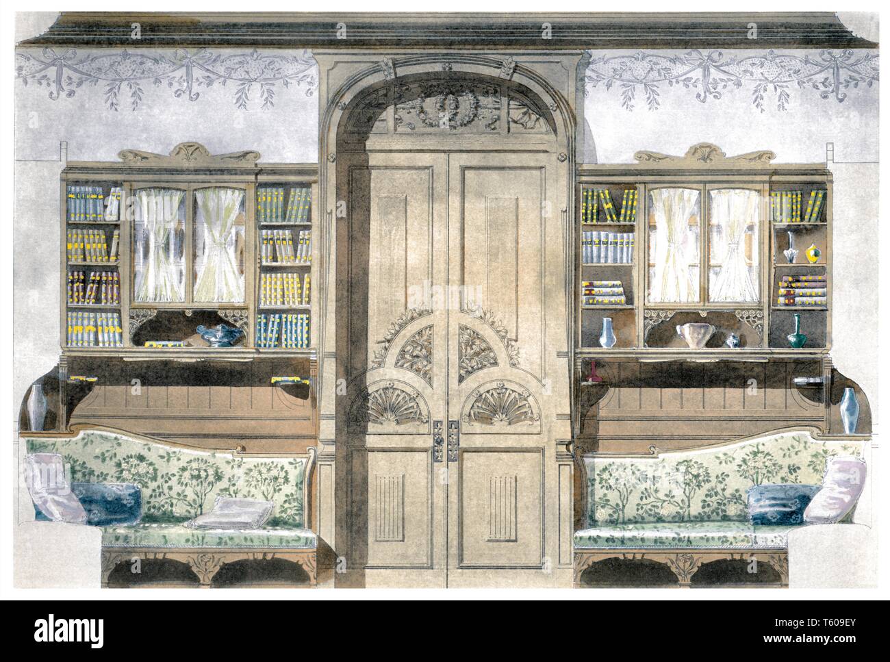 Waiting room, face opposite the mirror, geometrical view. Vintage Art ...