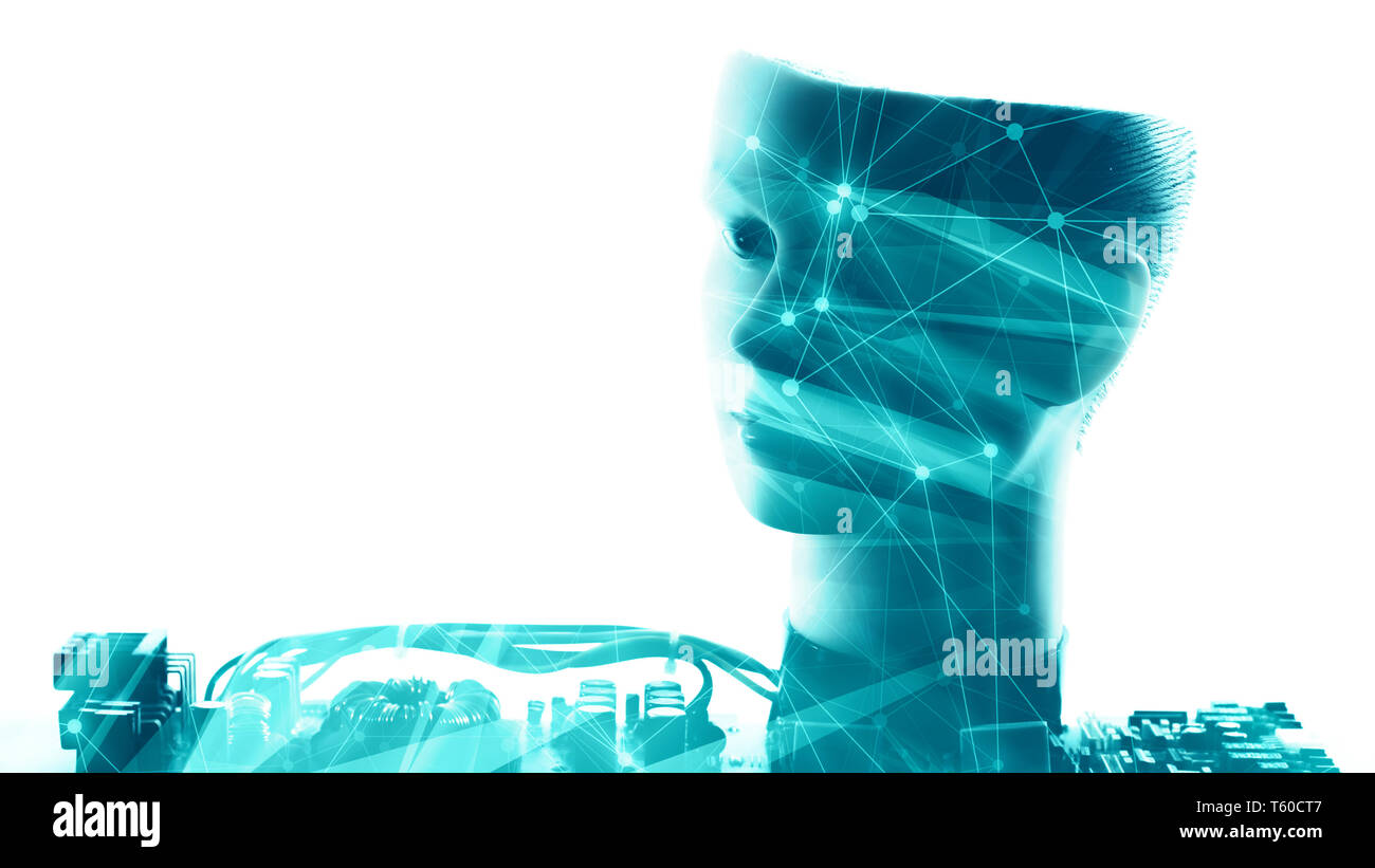 Robot head ai abstract lights background Stock Photo - Alamy