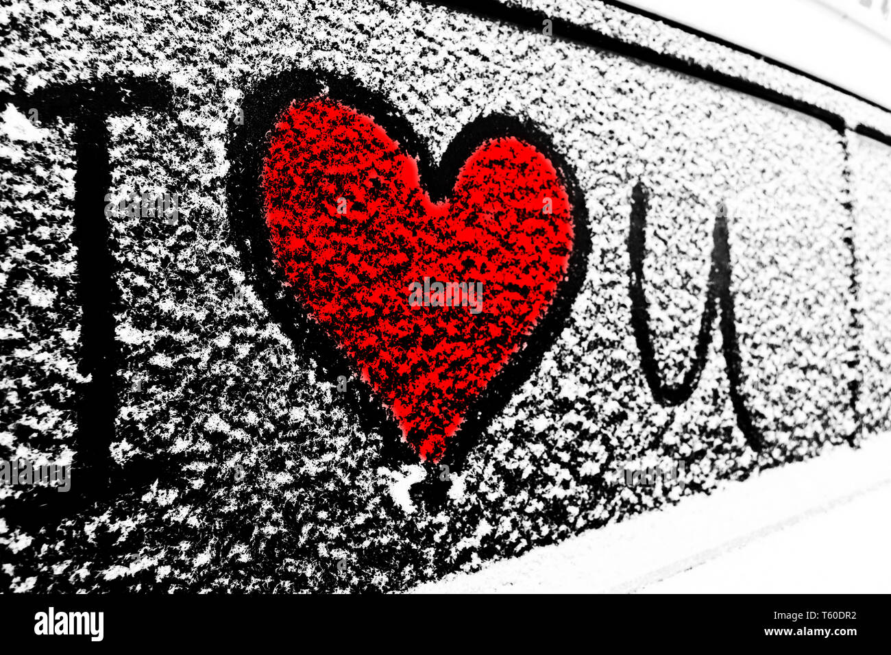 Red I love you Heart symbol on frozen window of the car. Shape of heart ...