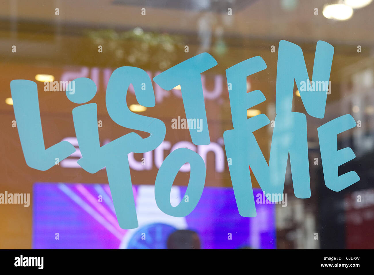 Listen to me mental health sign in a store window Stock Photo - Alamy