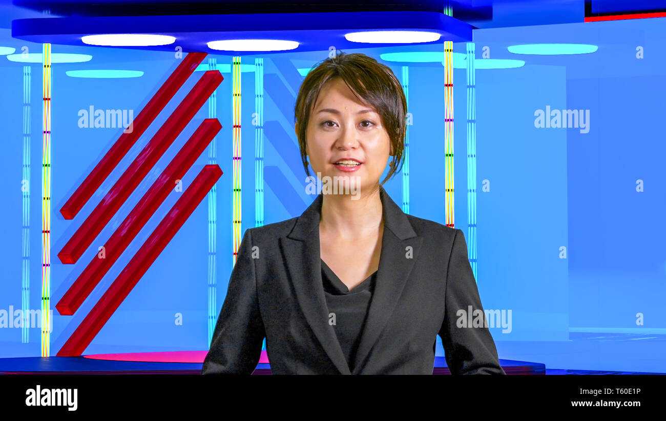Female Asian American News anchorwoman in virtual TV studio, original ...