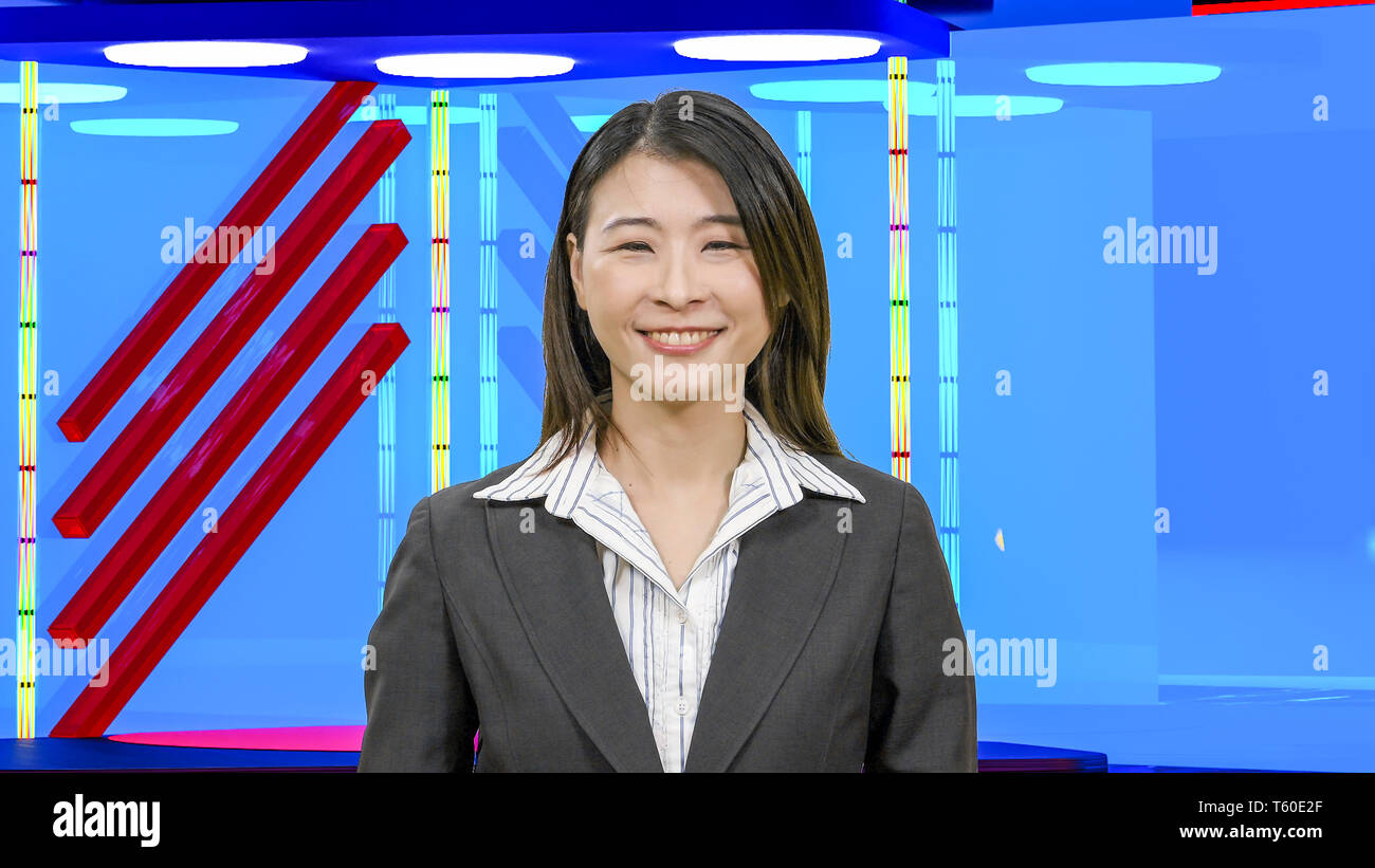 Female Asian American News anchorwoman in virtual TV studio, original ...