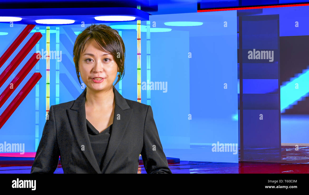 Female Asian American News anchorwoman in virtual TV studio, original ...