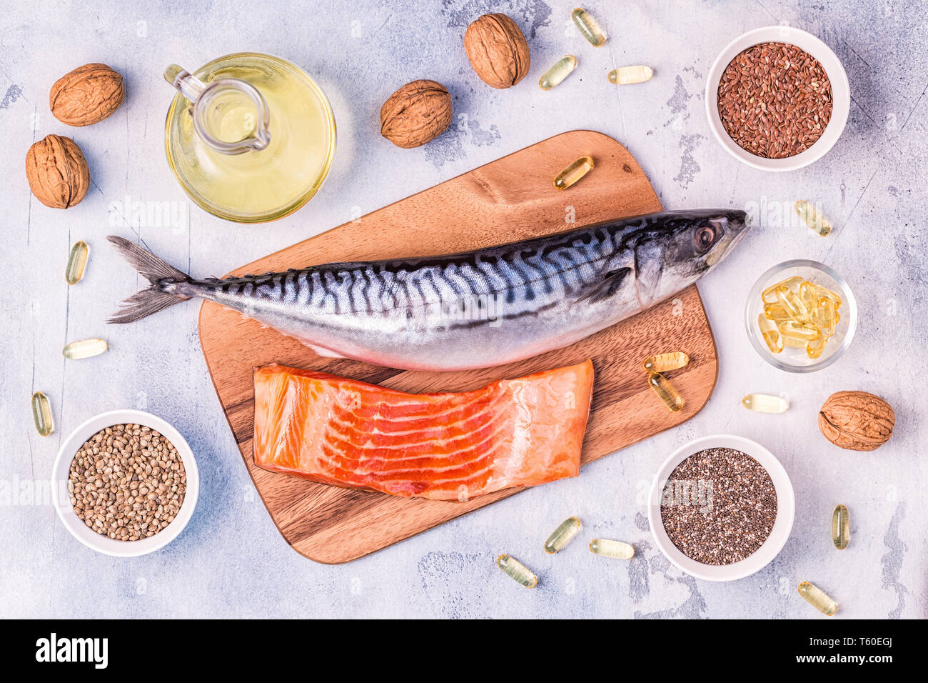 Sources of omega 3 - mackerel, salmon, flax seeds, hemp seeds, chia ...