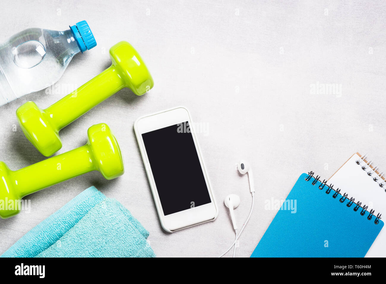 Finness background with sport equipment top view Stock Photo - Alamy