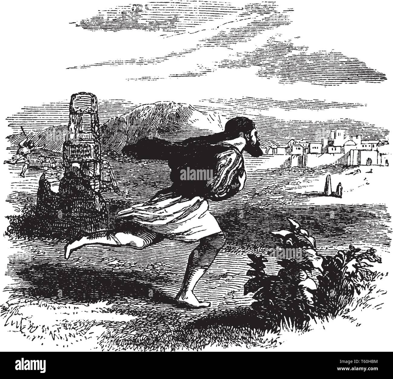 A man running towards a place of refuge, vintage line drawing or ...