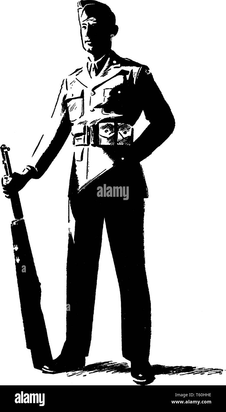 An army man with rifle, vintage line drawing or engraving illustration ...