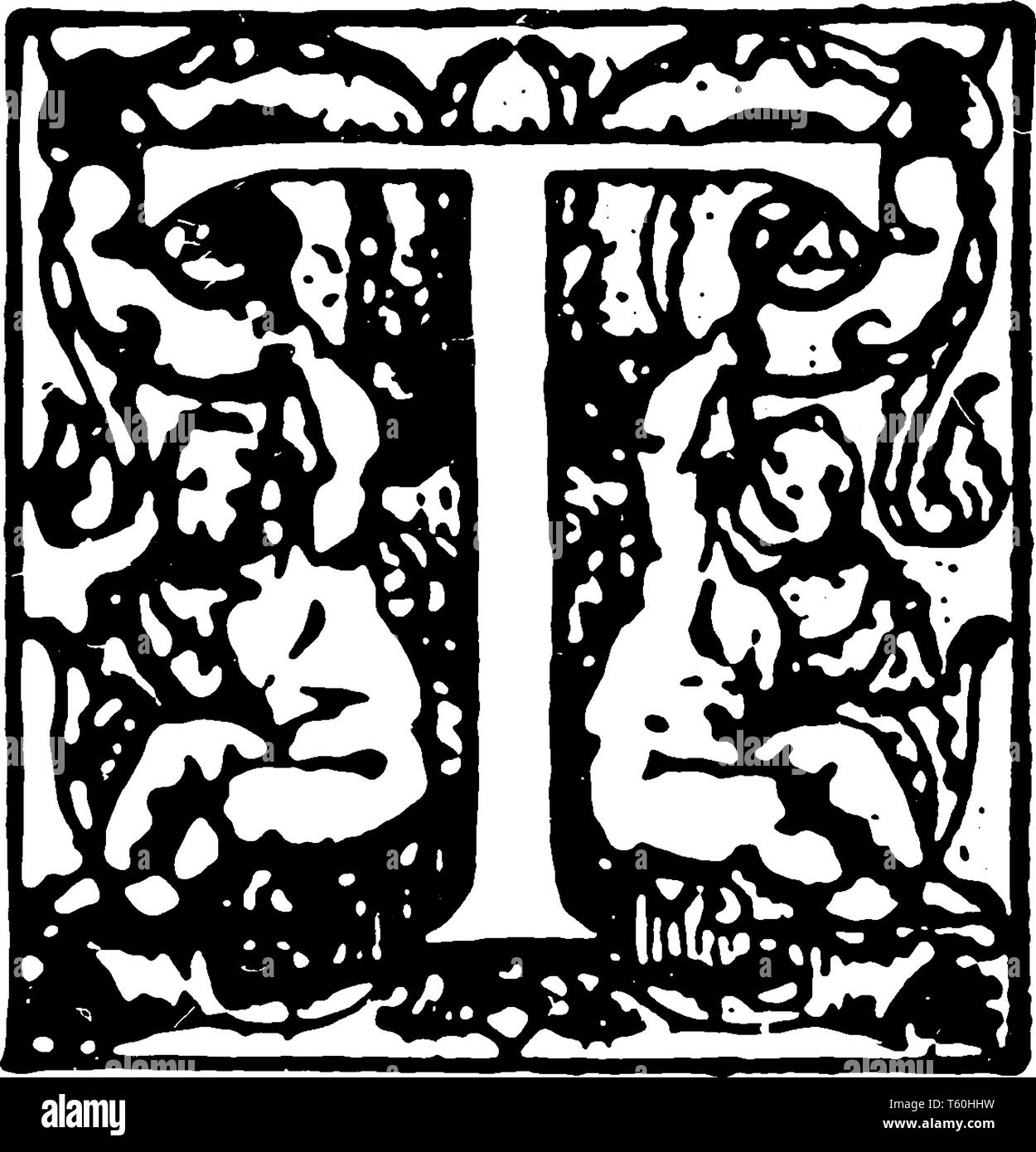A decorative letter T with two babies, vintage line drawing or ...