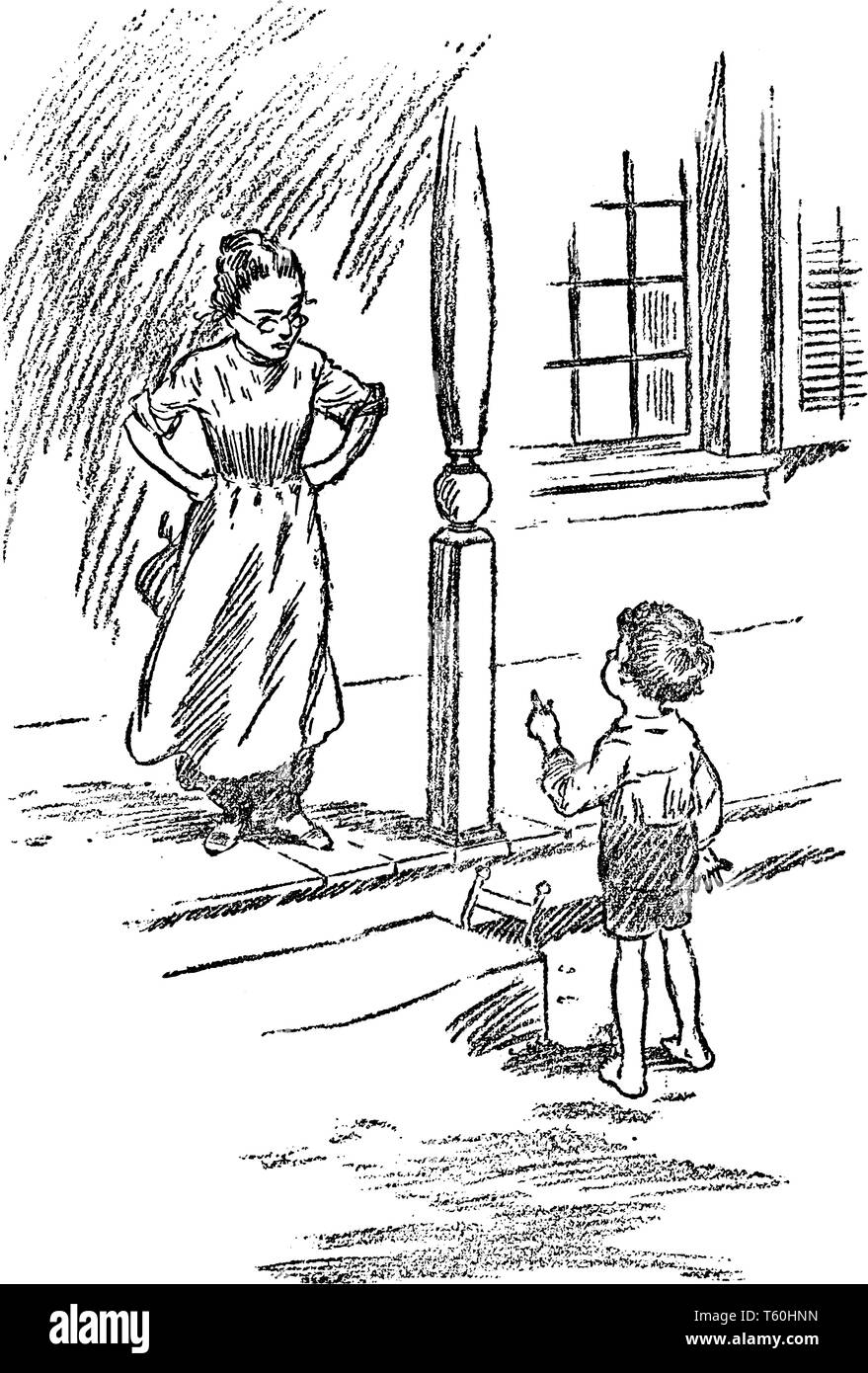 A mother talking to her child, vintage line drawing or engraving ...