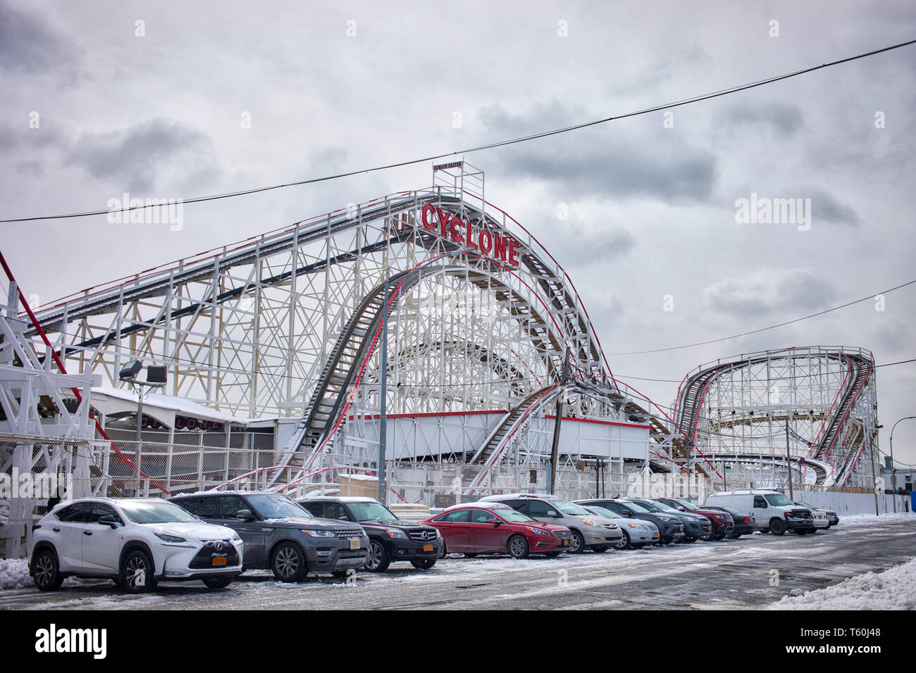 CONEY ISLAND, NY: Cars parked in the entrance of the Cyclone roller ...