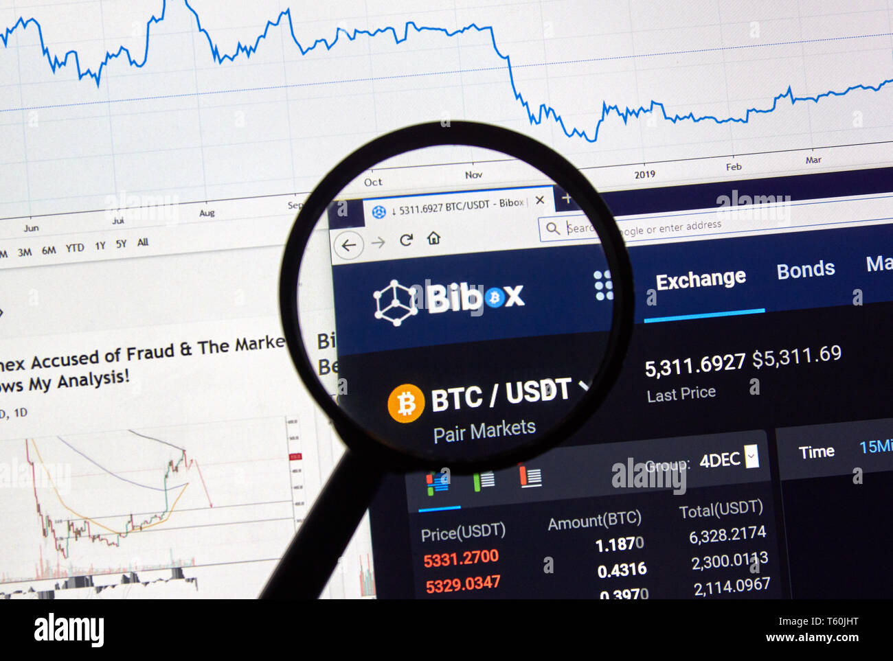 MONTREAL, CANADA - APRIL 26, 2019: Bibox cryptocurrency digital assets exchange logo and home ...