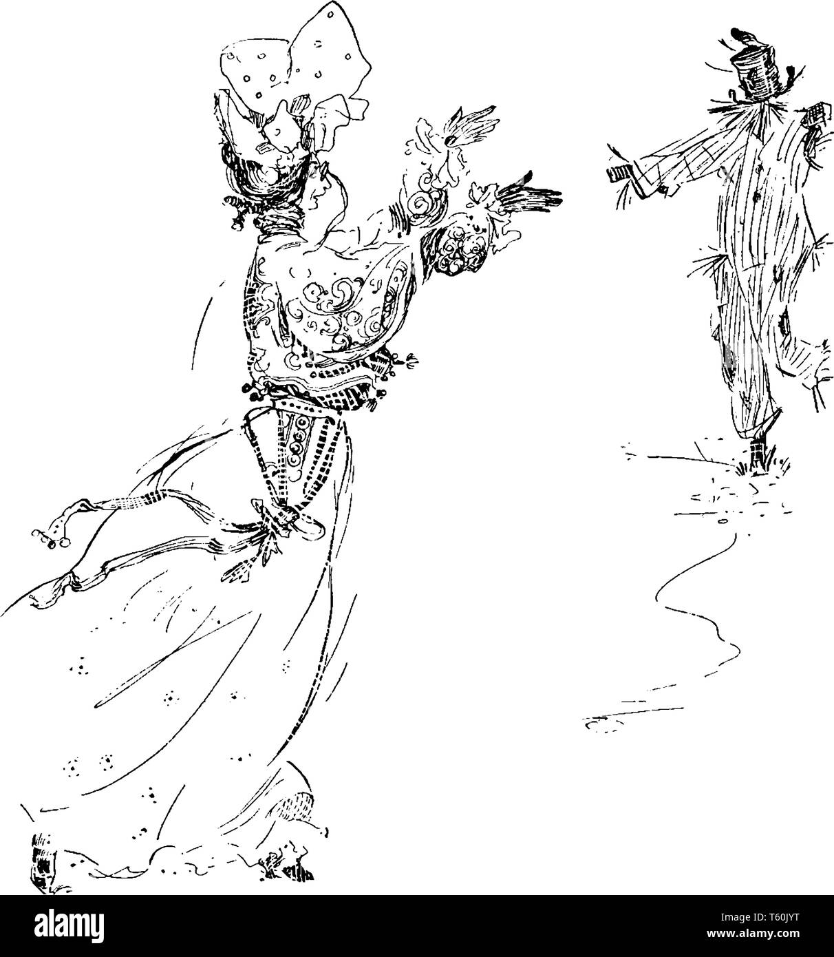 A woman running after scarecrow, vintage line drawing or engraving ...