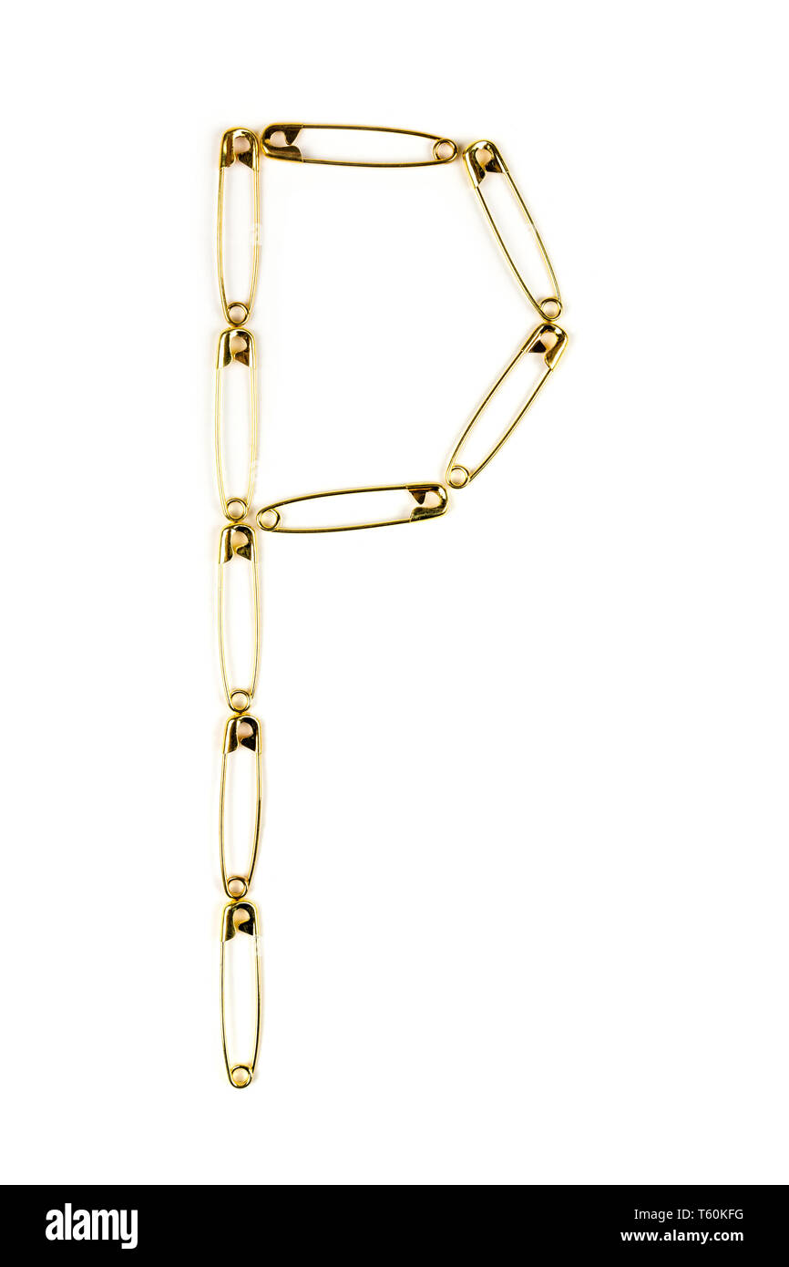 The letter "P" in gold colored safety pins Stock Photo - Alamy