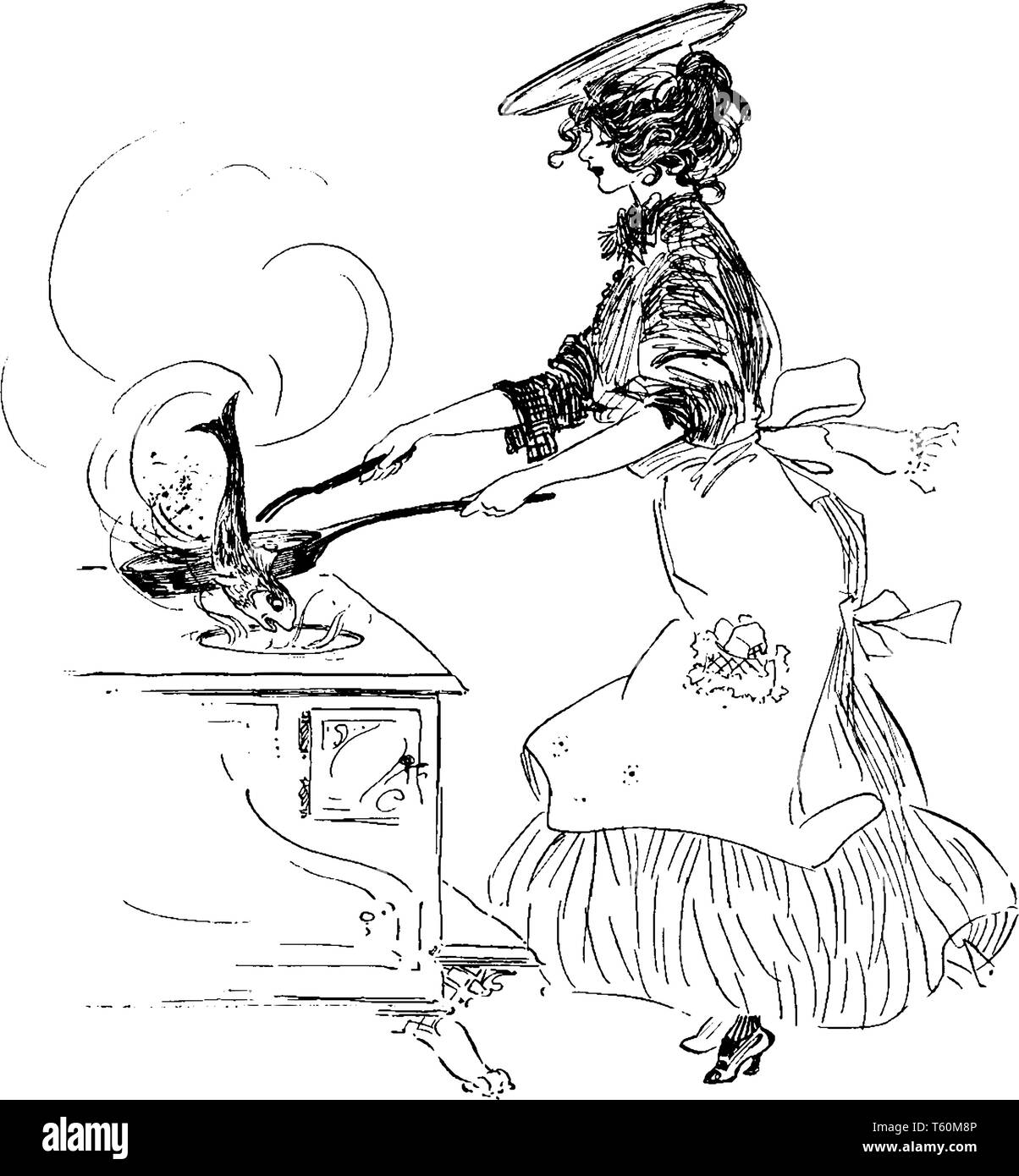 A woman cooking fish, vintage line drawing or engraving illustration ...